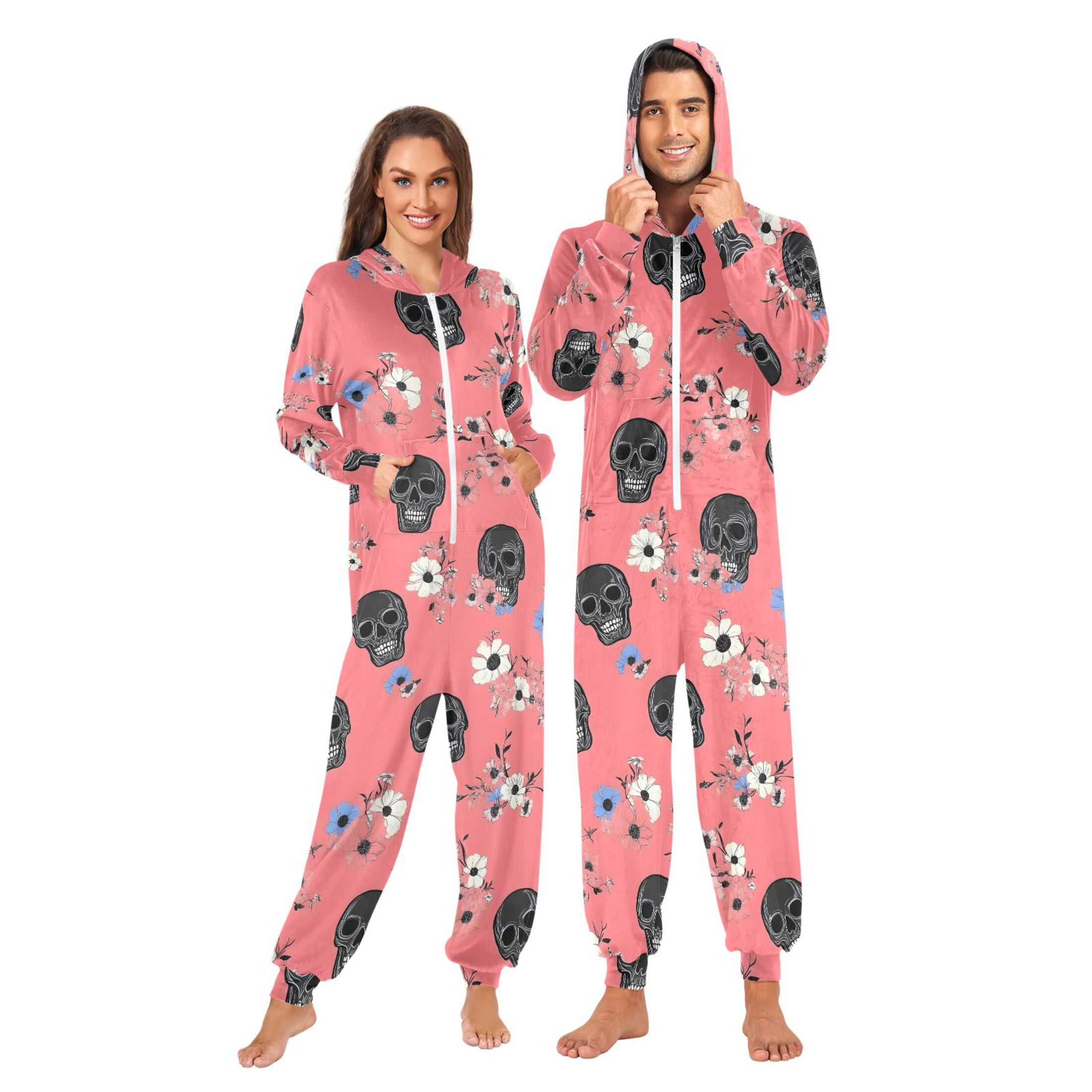 ALAZA Unisex Adults Onesie Pajamas Skull Floral Sleepwear Jumpsuits One ...