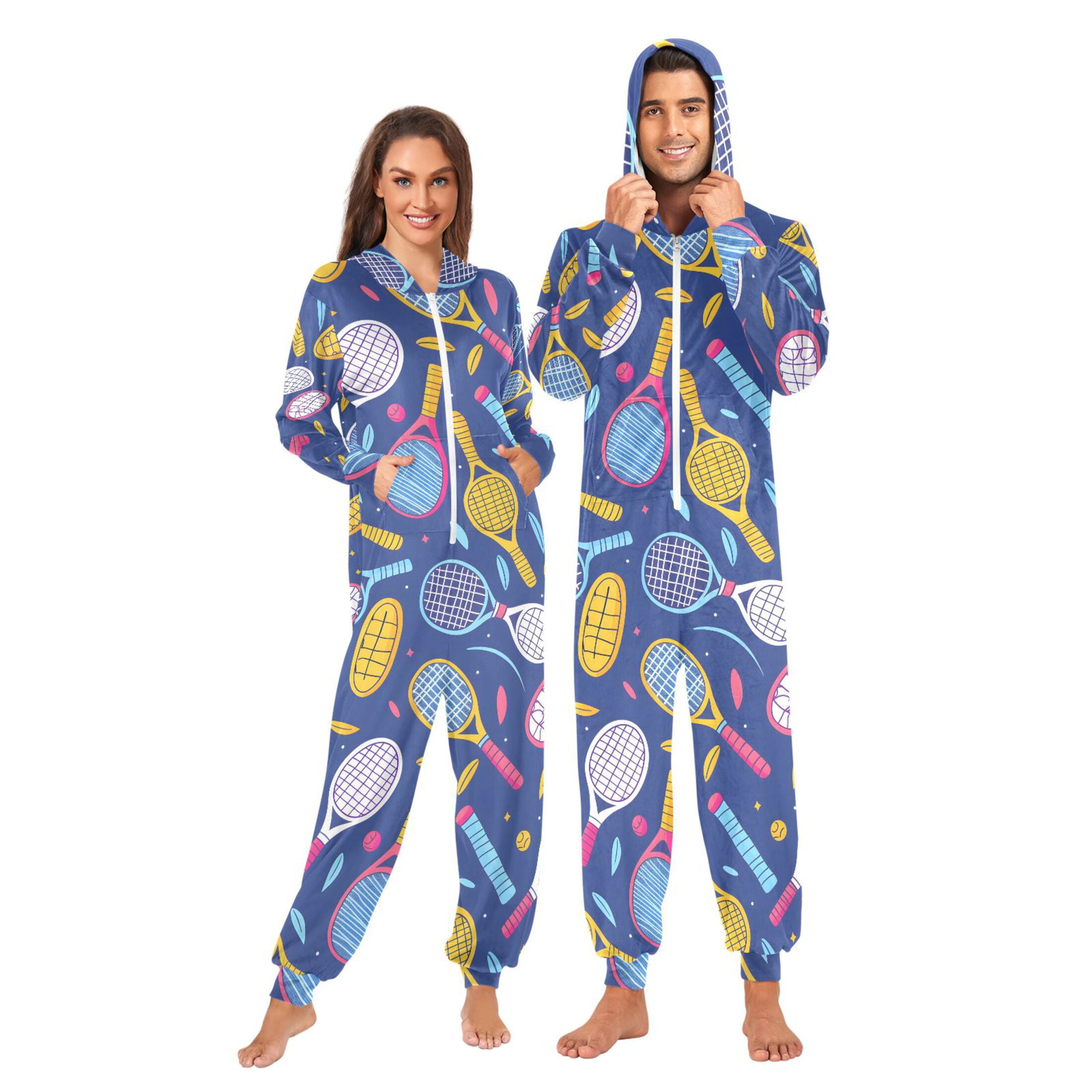 ALAZA Unisex Adults Onesie Pajamas Tennis Racket Balls Sleepwear ...