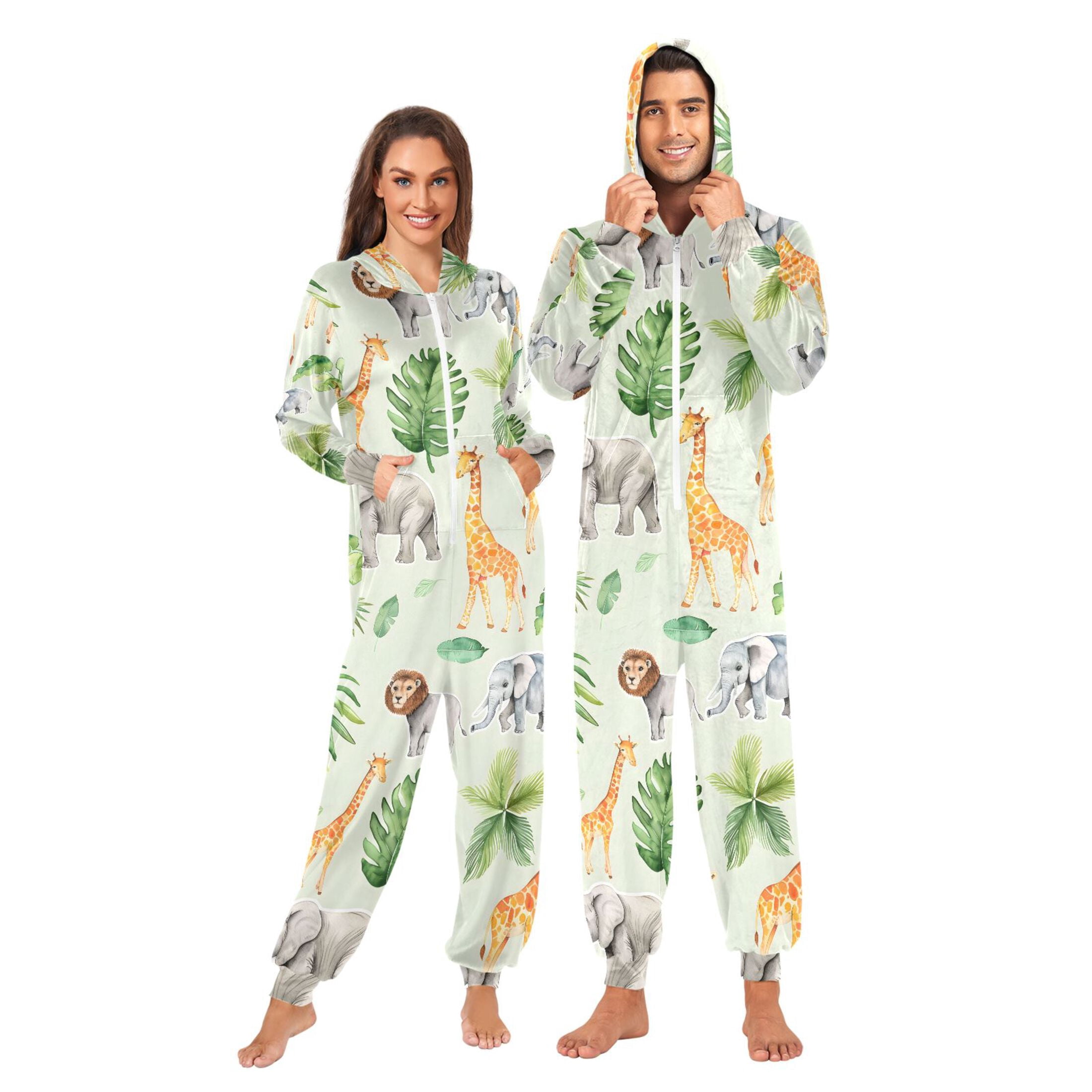 ALAZA Unisex Adults Onesie Pajamas Tropical Elephant Giraffe Sleepwear ...