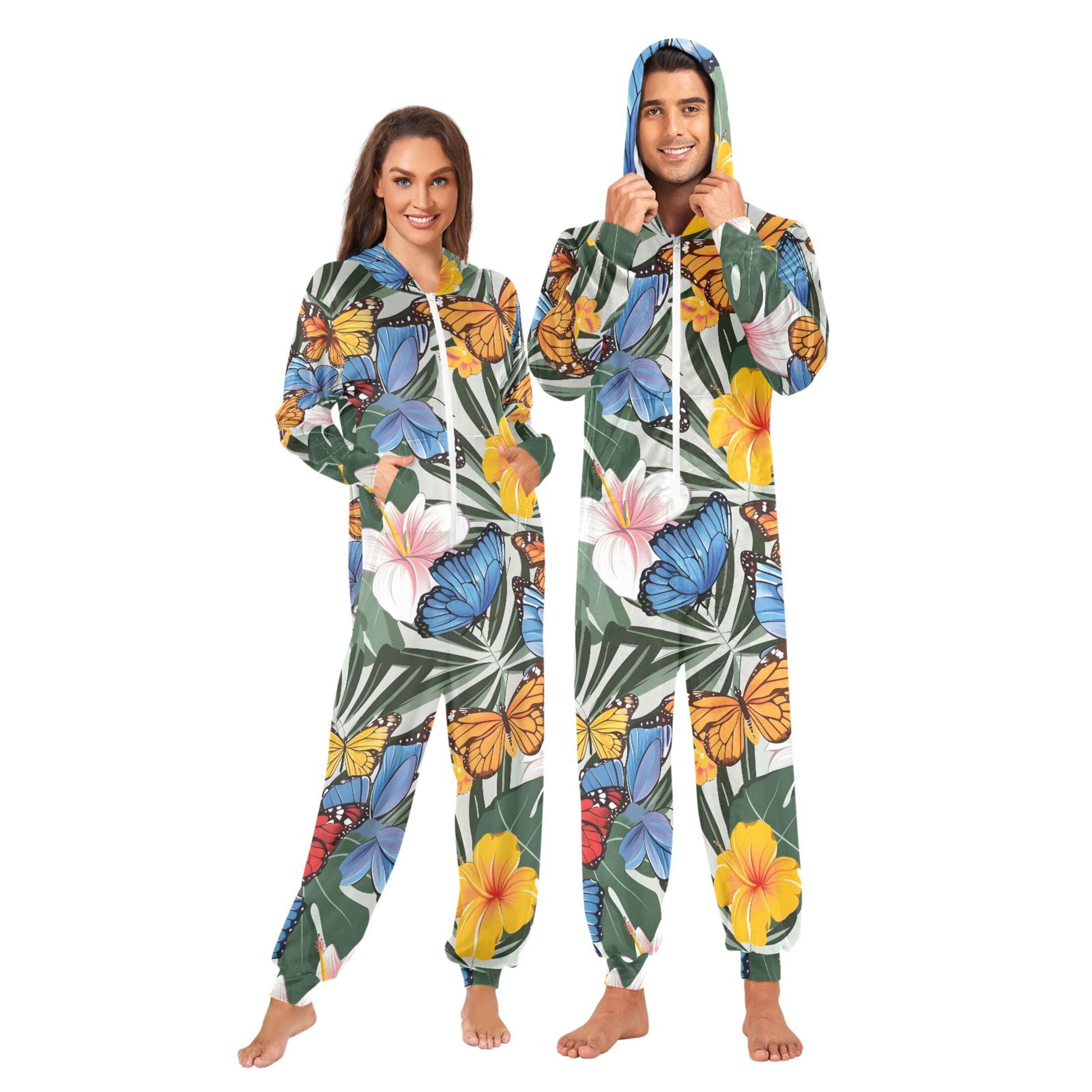 ALAZA Unisex Adults Onesie Pajamas Tropical Leaves Butterflies ...