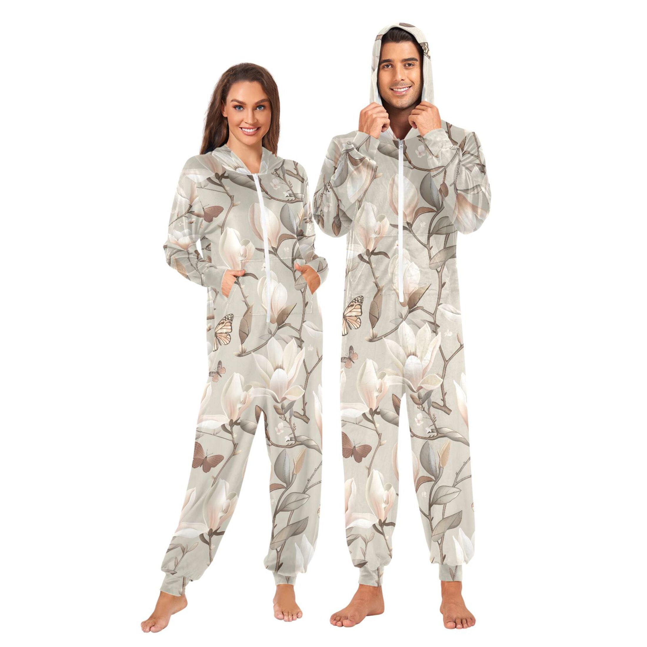 ALAZA Unisex Adults Onesie Pajamas Vintage Magnolia Flowers Butterflies ...