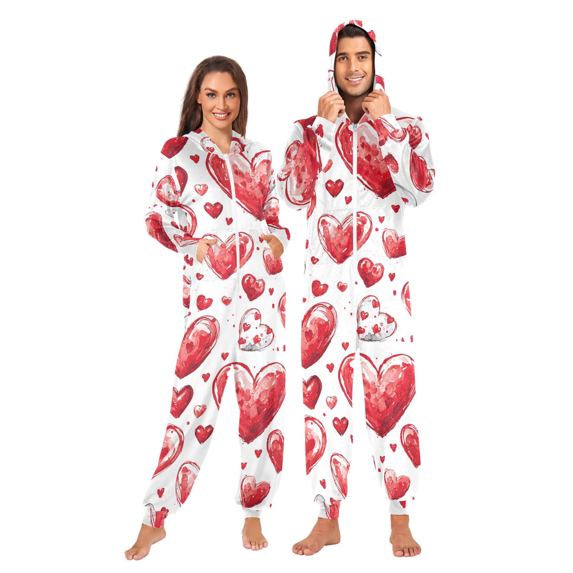ALAZA Unisex Adults Onesie Pajamas Watercolor Heart Sleepwear Jumpsuits ...