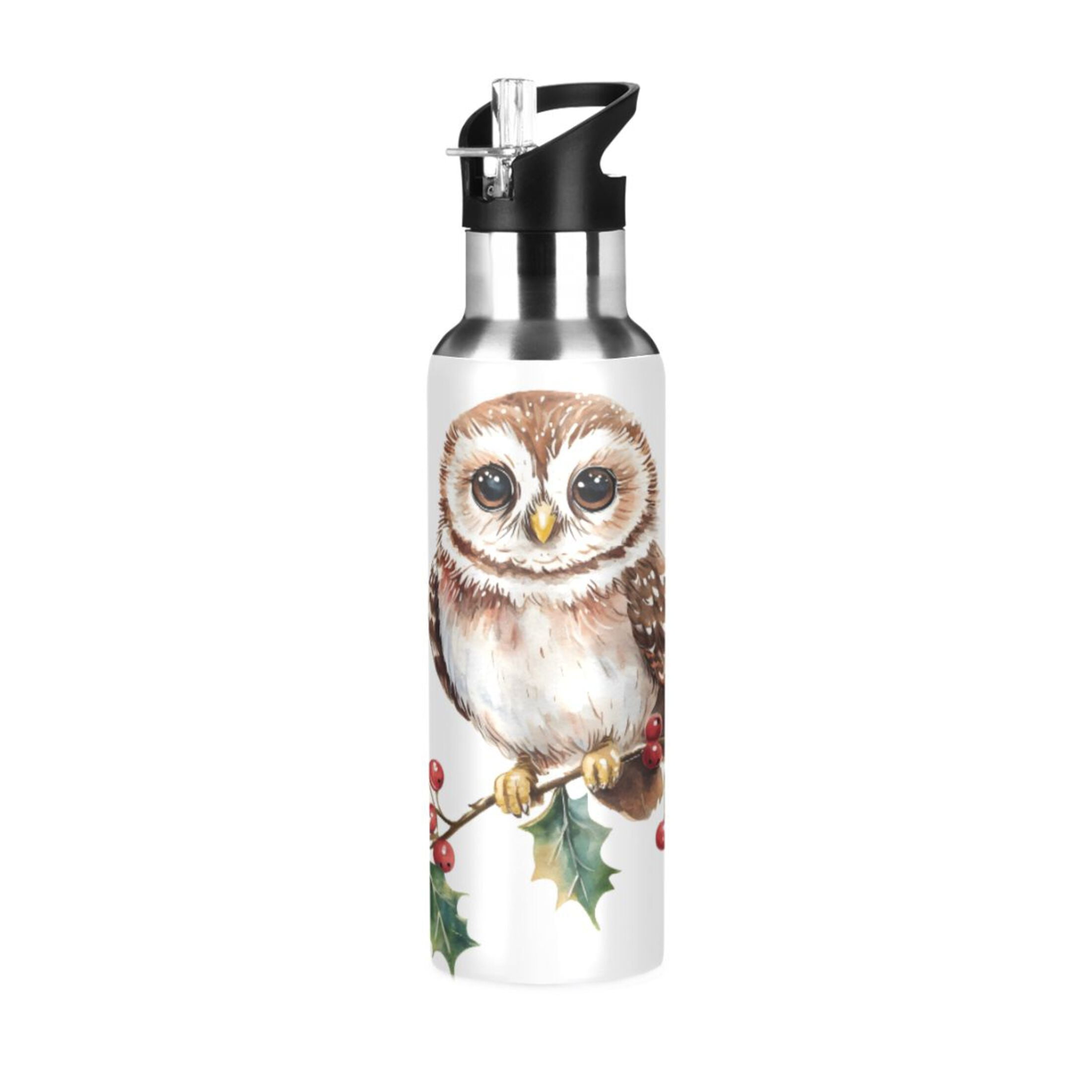 ALAZA Watercolor Owl Water Bottle Insulated Flask Stainless Steel Straw ...