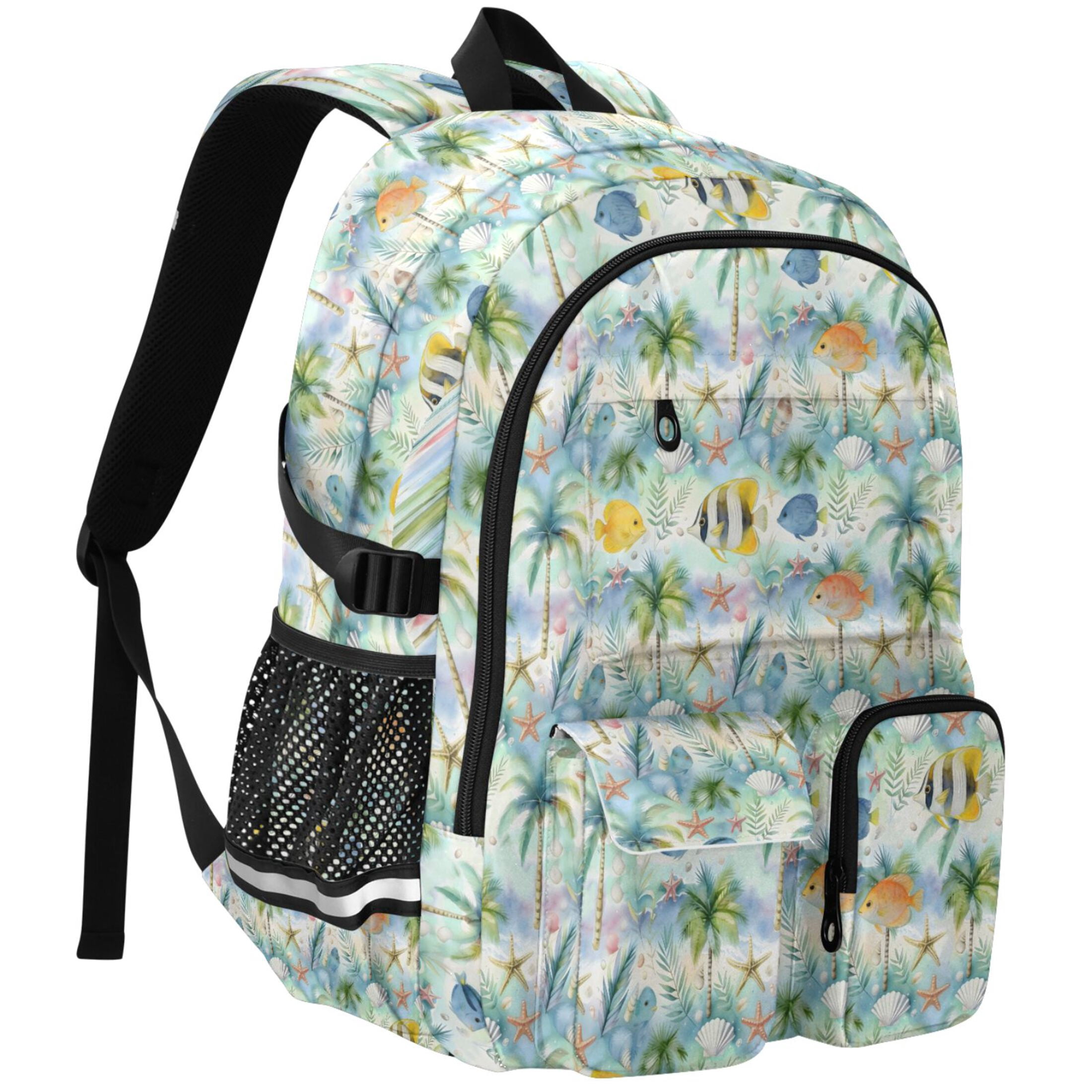 ALAZA Watercolor Palm Tree Fish Print Student Backpack School Bookbag ...