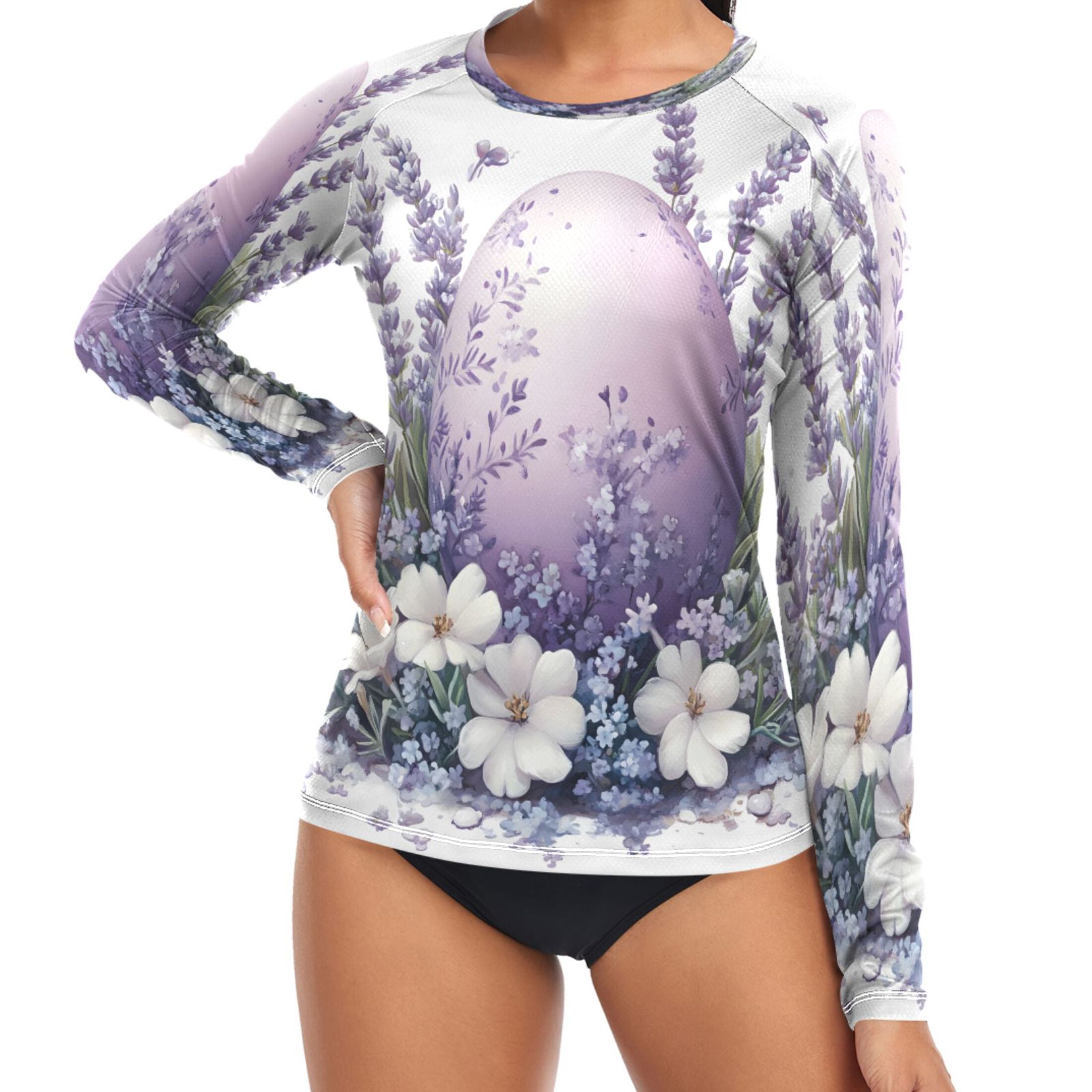 ALAZA Women UPF 50+ Long Sleeve Rash Guard Egg Lavender Flowers UV Sun Protection Surf Swimwear ...