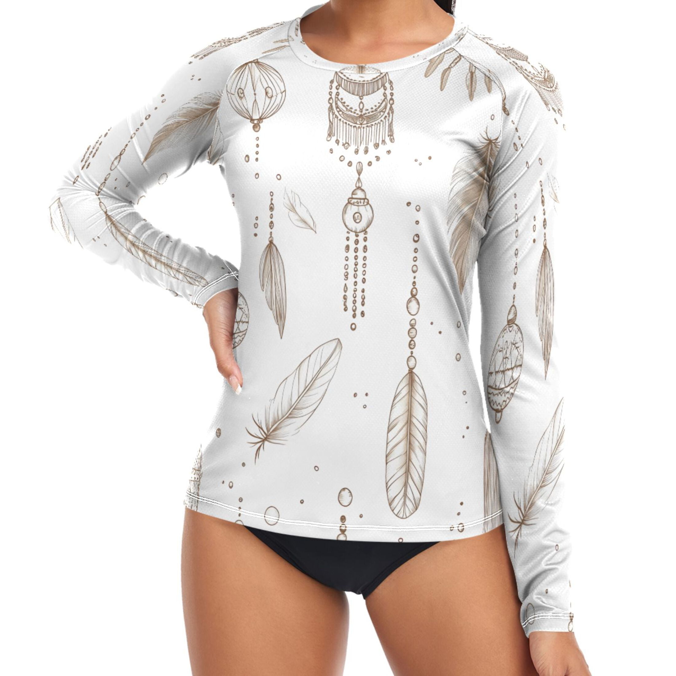 ALAZA Women UPF 50+ Long Sleeve Rash Guard Feather Mandala UV Sun Protection Surf Swimwear Top M ...