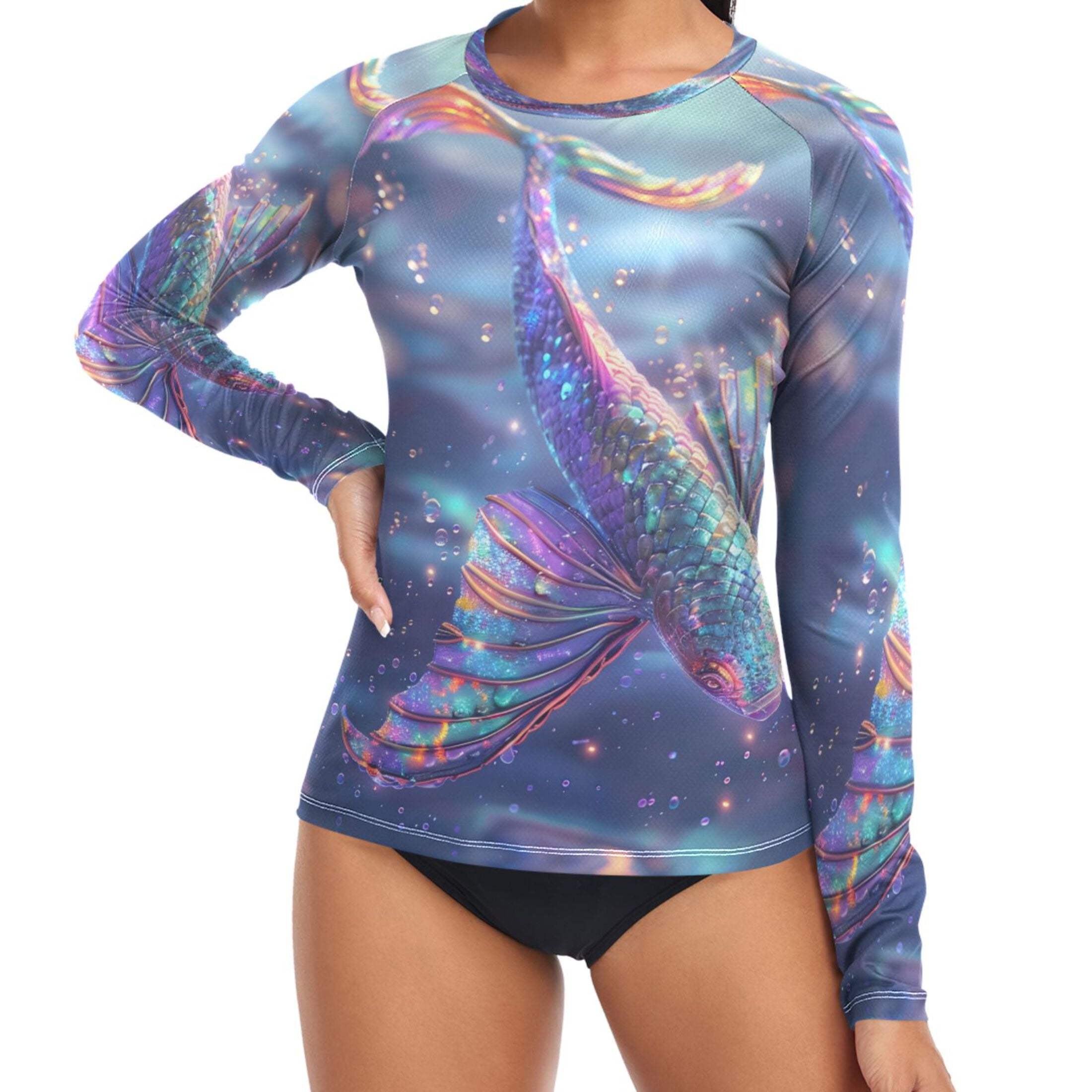 ALAZA Women UPF 50+ Long Sleeve Rash Guard Fish Jumping UV Sun Protection Surf Swimwear Top L ...
