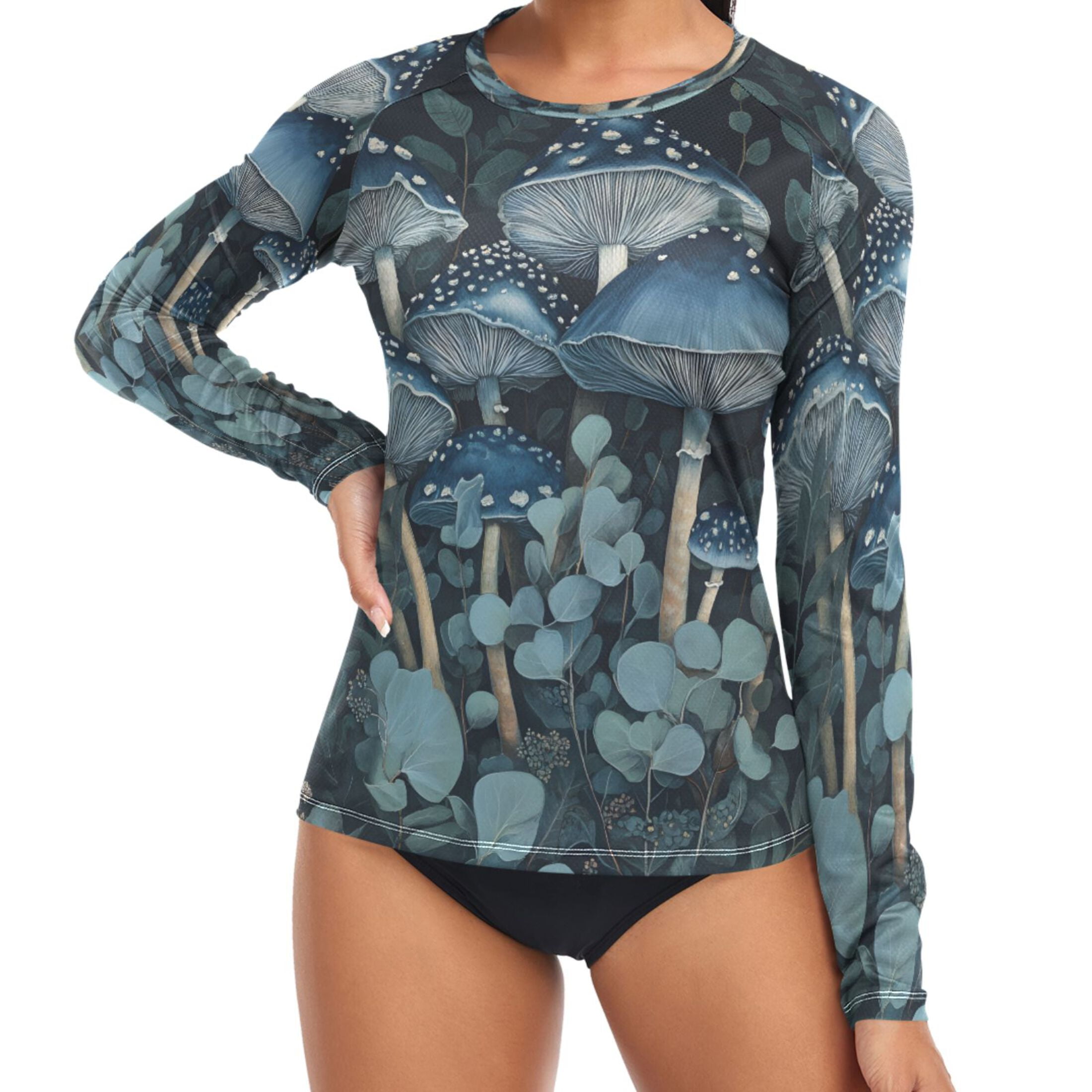 ALAZA Women UPF 50+ Long Sleeve Rash Guard Mushroom Eucalyptus Leaves UV Sun Protection Surf ...
