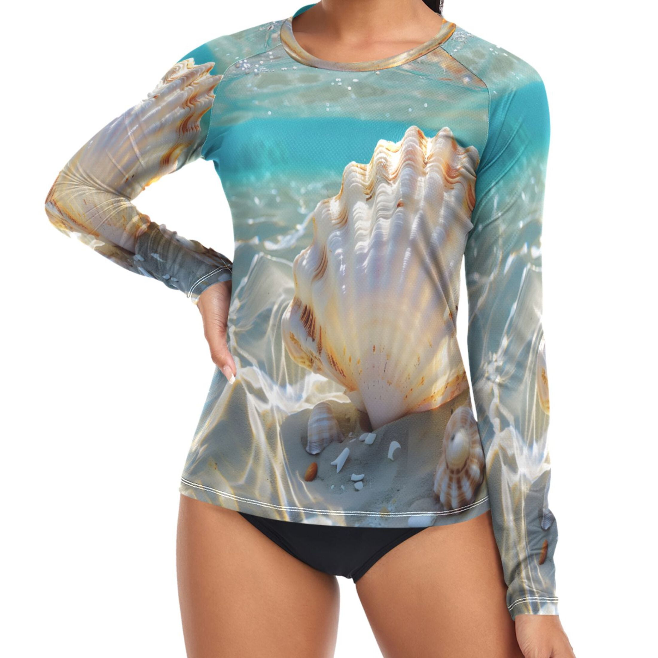 ALAZA Women UPF 50+ Long Sleeve Rash Guard Sea Shell in Sea UV Sun Protection Surf Swimwear Top ...