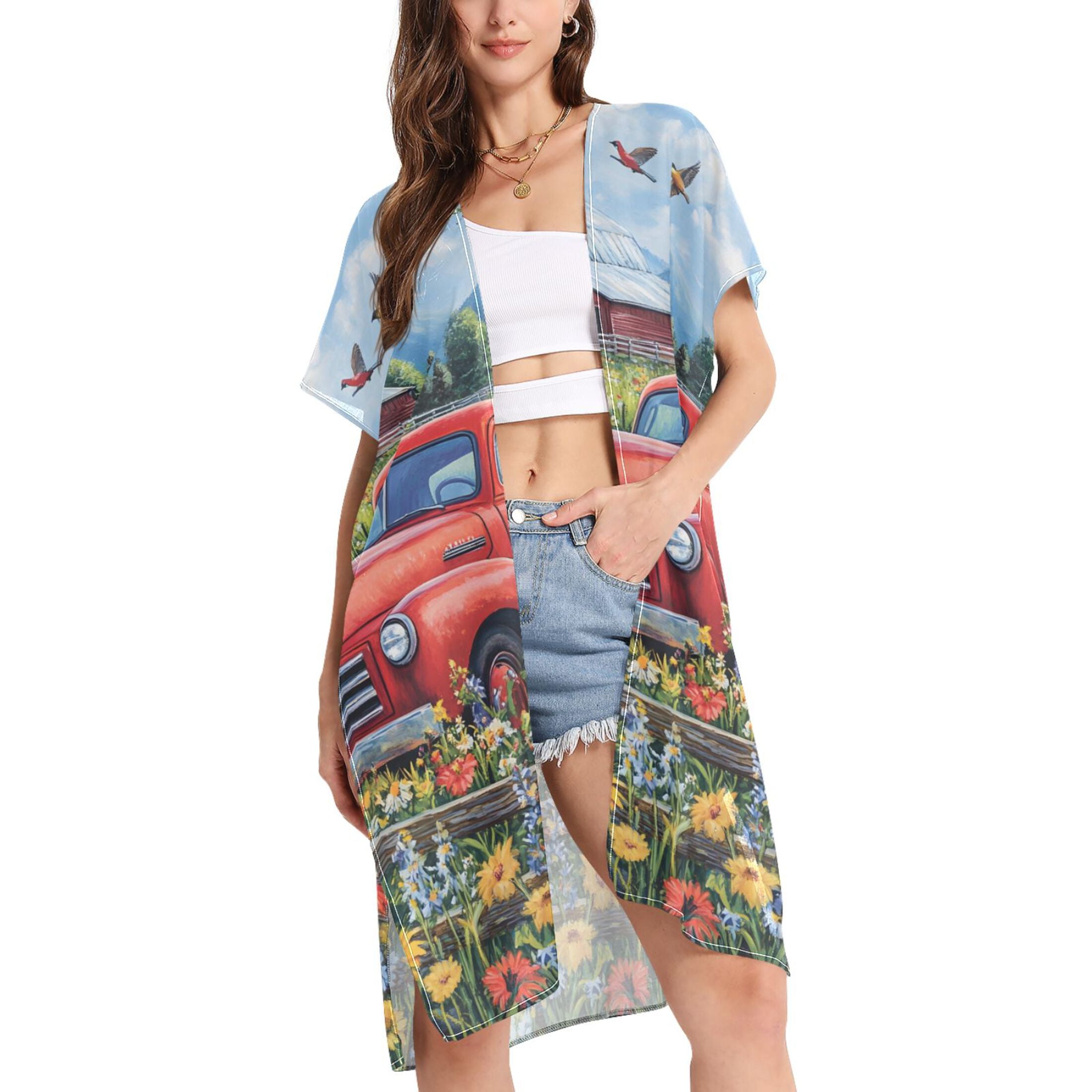 ALAZA Women's Beach Cover Up Cardinal Bird Truck Farm Kimono Swimsuit ...