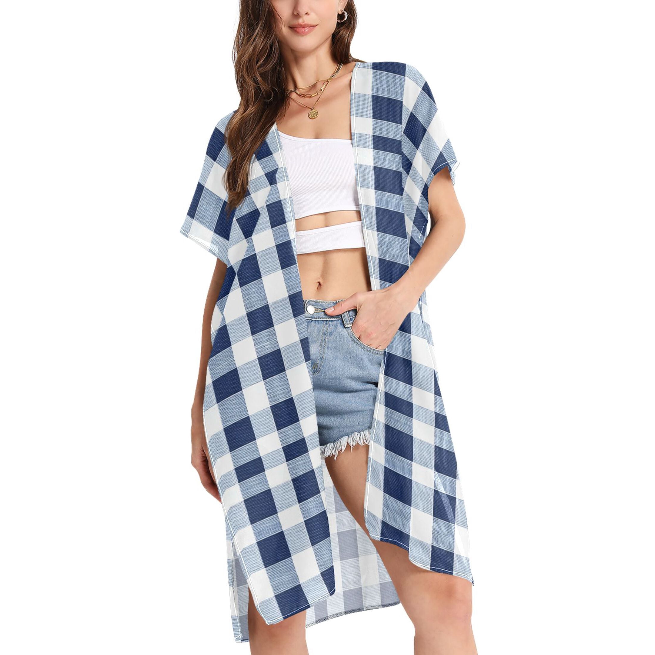 ALAZA Women's Beach Cover Up Checkered Grid-a3 Kimono Swimsuit Summer ...