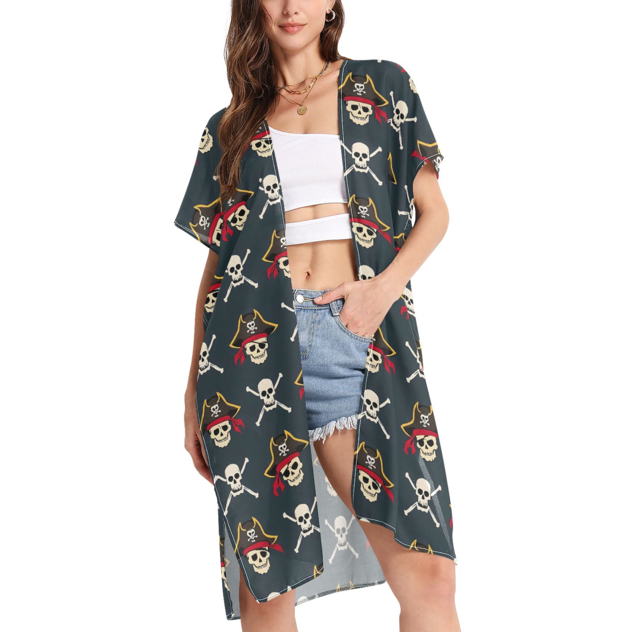 ALAZA Women's Beach Cover Up Cool Skull Pattern Kimono Swimsuit Summer ...