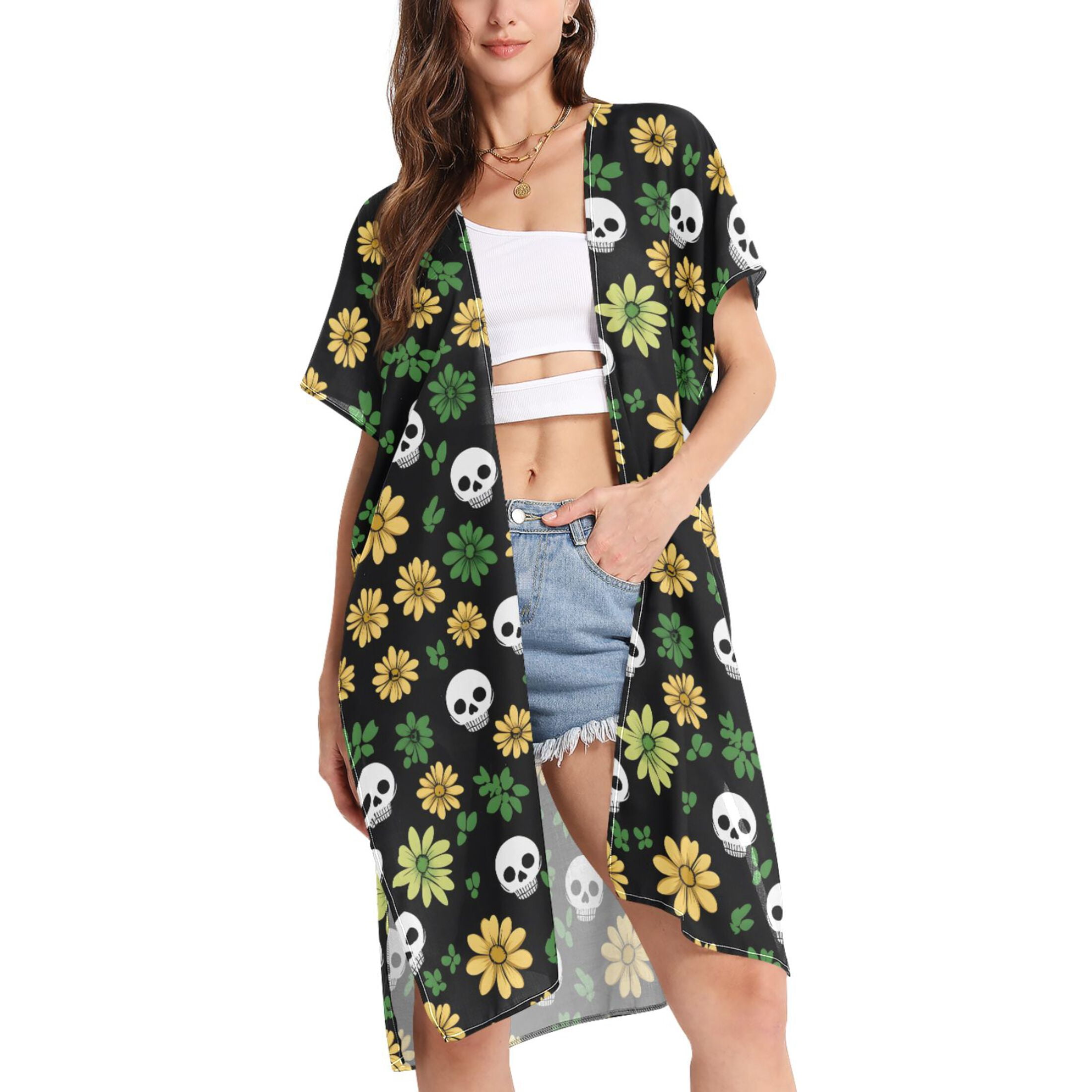 ALAZA Women's Beach Cover Up Cute Skull in Floral Kimono Swimsuit ...