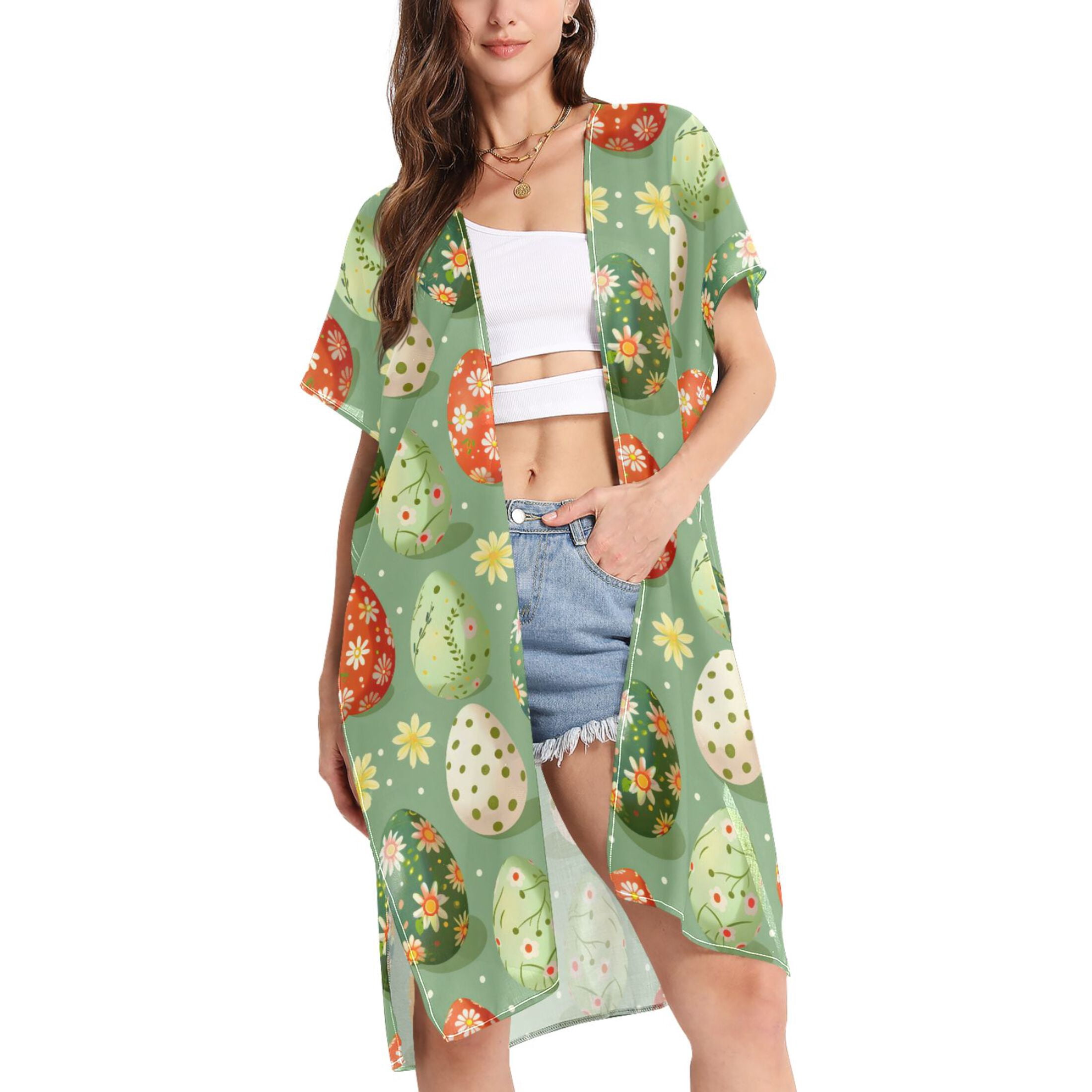 ALAZA Women's Beach Cover Up Easter Eggs Floral Kimono Swimsuit Summer ...