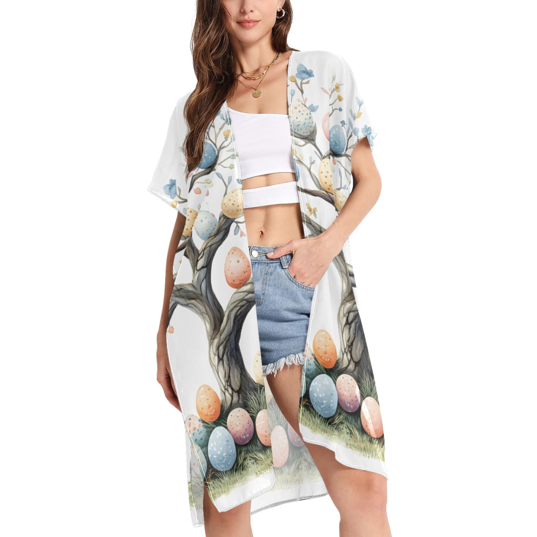 ALAZA Women's Beach Cover Up Easter Eggs Tree Kimono Swimsuit Summer ...