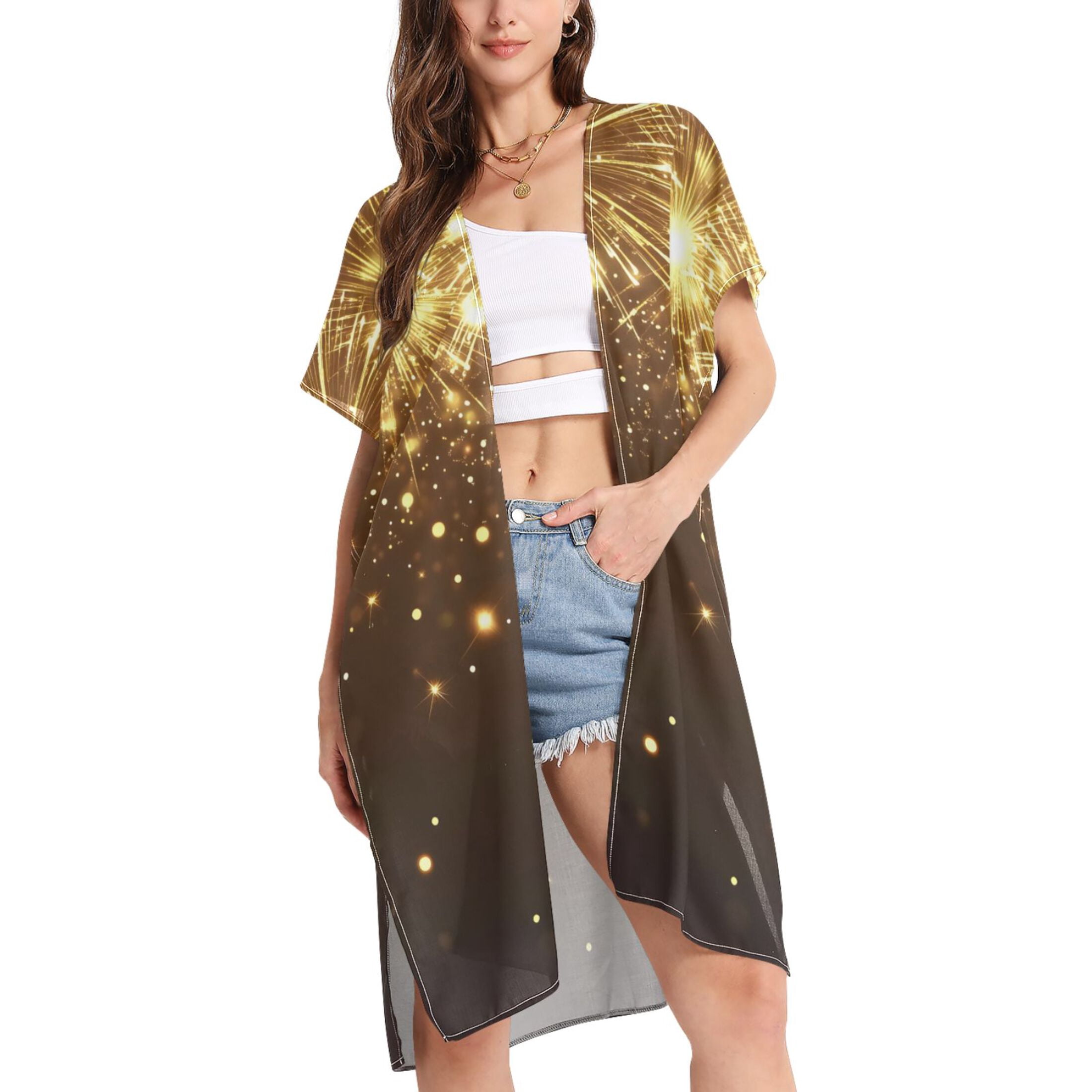 ALAZA Women's Beach Cover Up Golden Fireworks Kimono Swimsuit Summer ...
