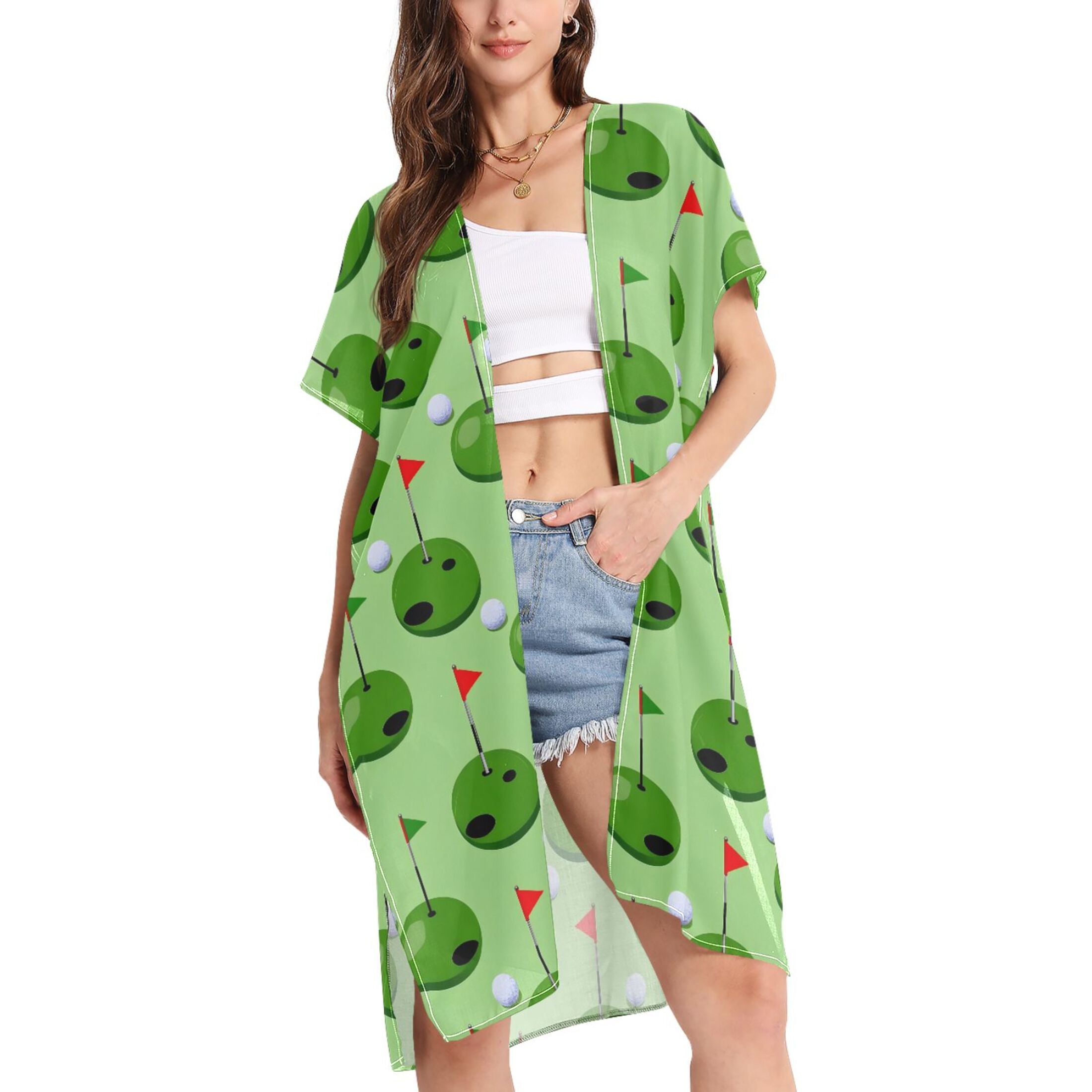 ALAZA Women's Beach Cover Up Golf Ball and Flag Kimono Swimsuit Summer ...