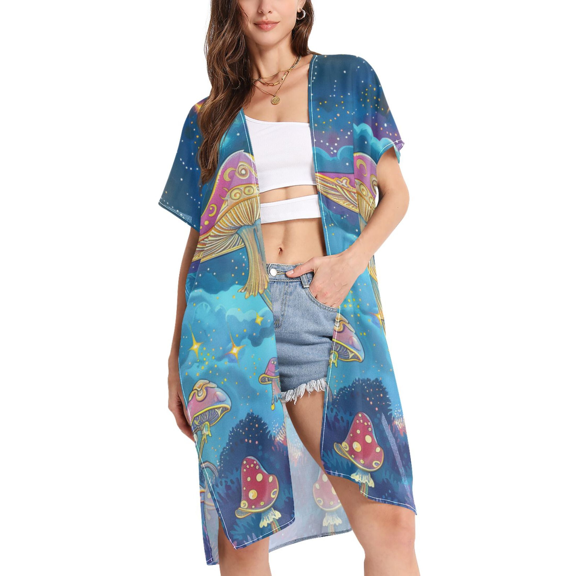 ALAZA Women's Beach Cover Up Magic Mushroom Stars Kimono Swimsuit ...