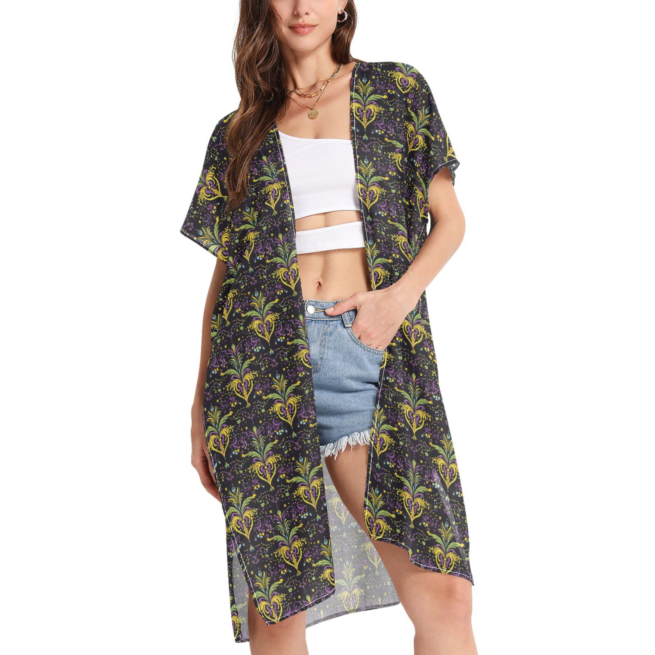 ALAZA Women's Beach Cover Up Mardi Gras Flowers Kimono Swimsuit Summer ...