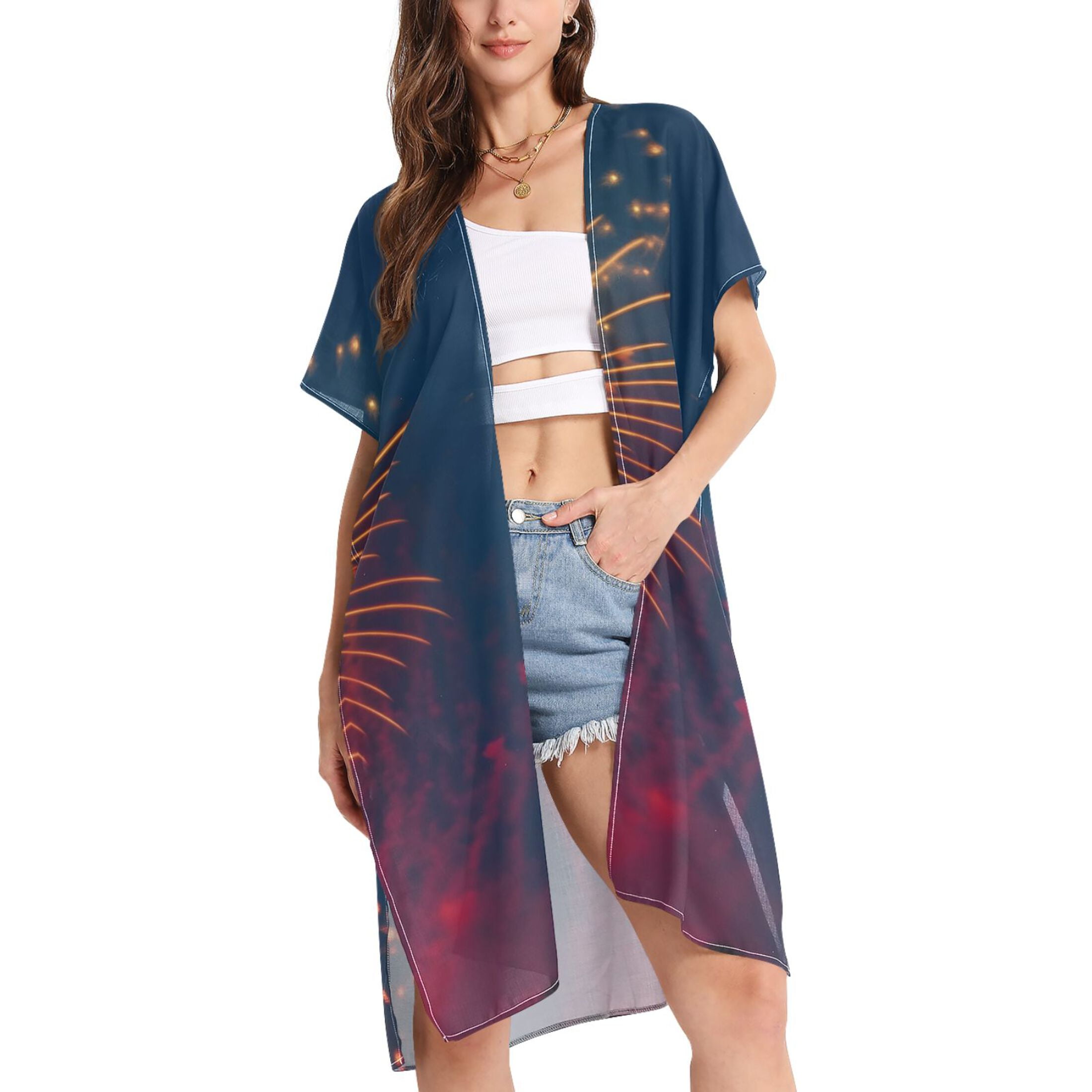 ALAZA Women's Beach Cover Up New Year Fireworks Bloom Kimono Swimsuit ...