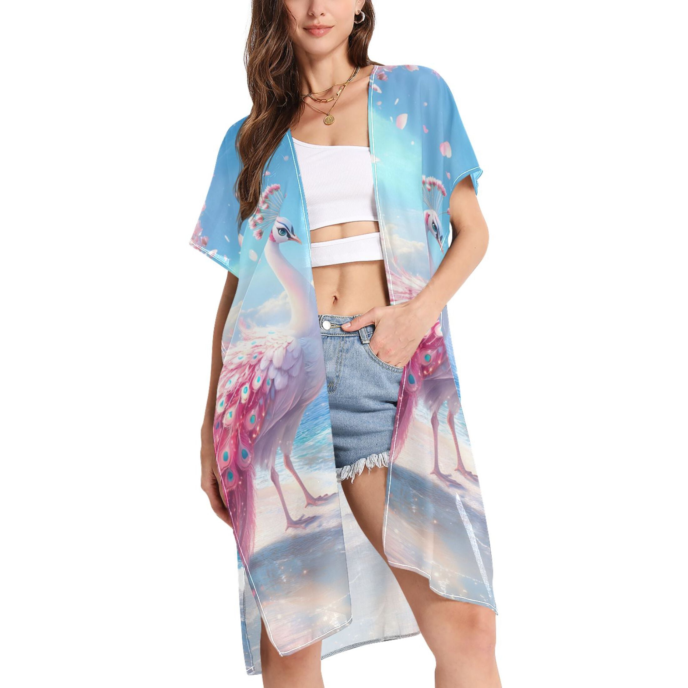 ALAZA Women's Beach Cover Up Peacock Beach Kimono Swimsuit Summer ...