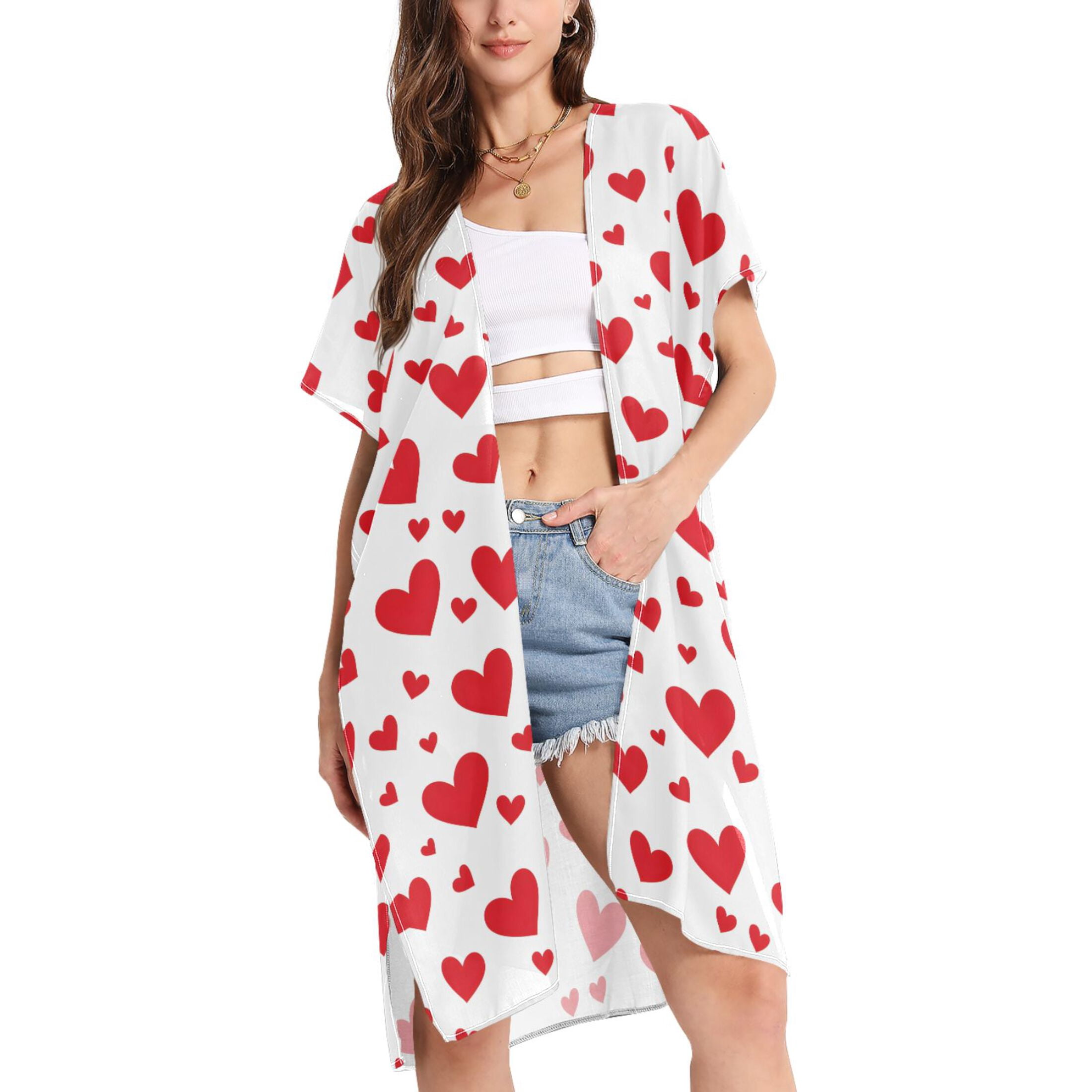 ALAZA Women's Beach Cover Up Red Hearts Kimono Swimsuit Summer Cardigan ...