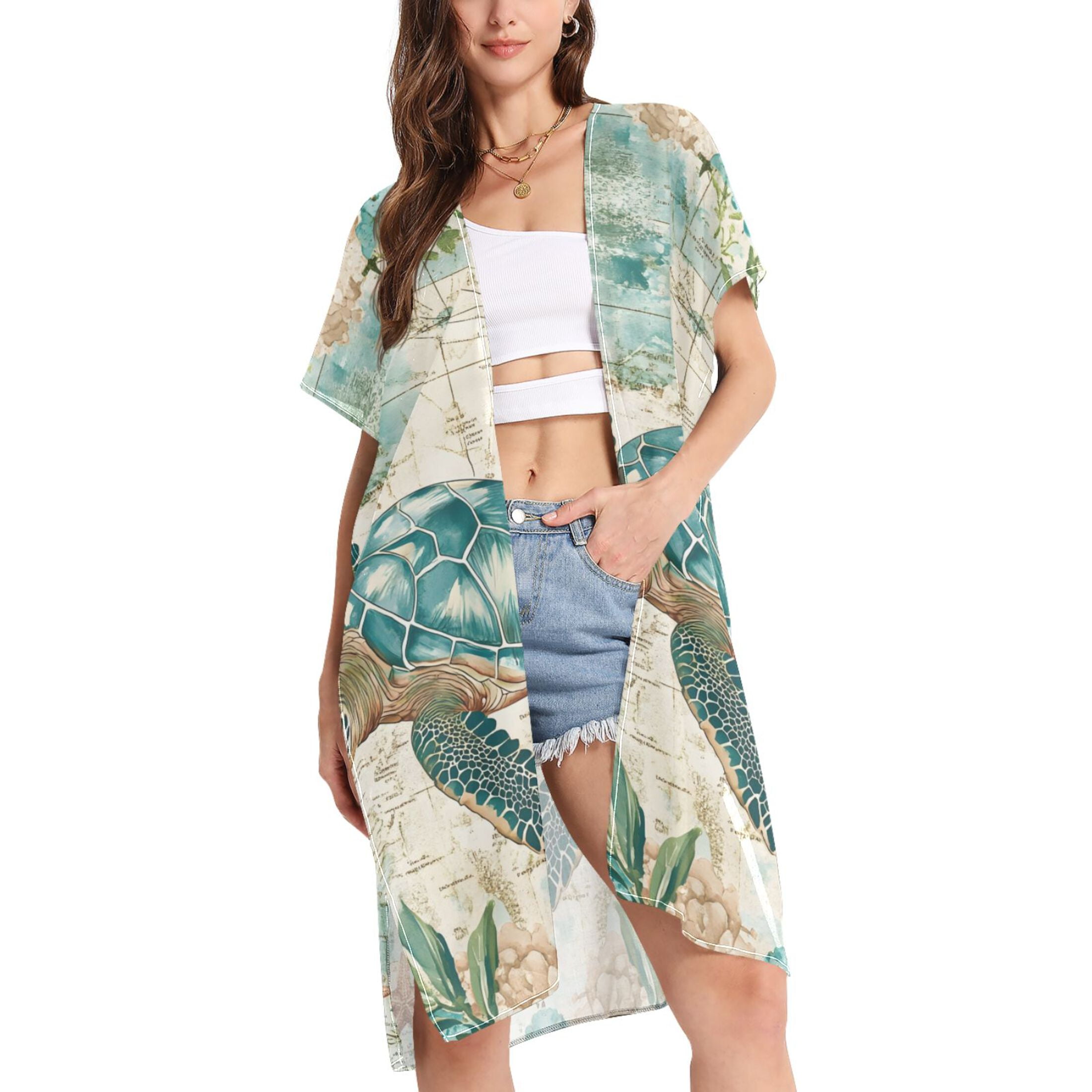 ALAZA Women's Beach Cover Up Retro Sea Turtle Kimono Swimsuit Summer ...