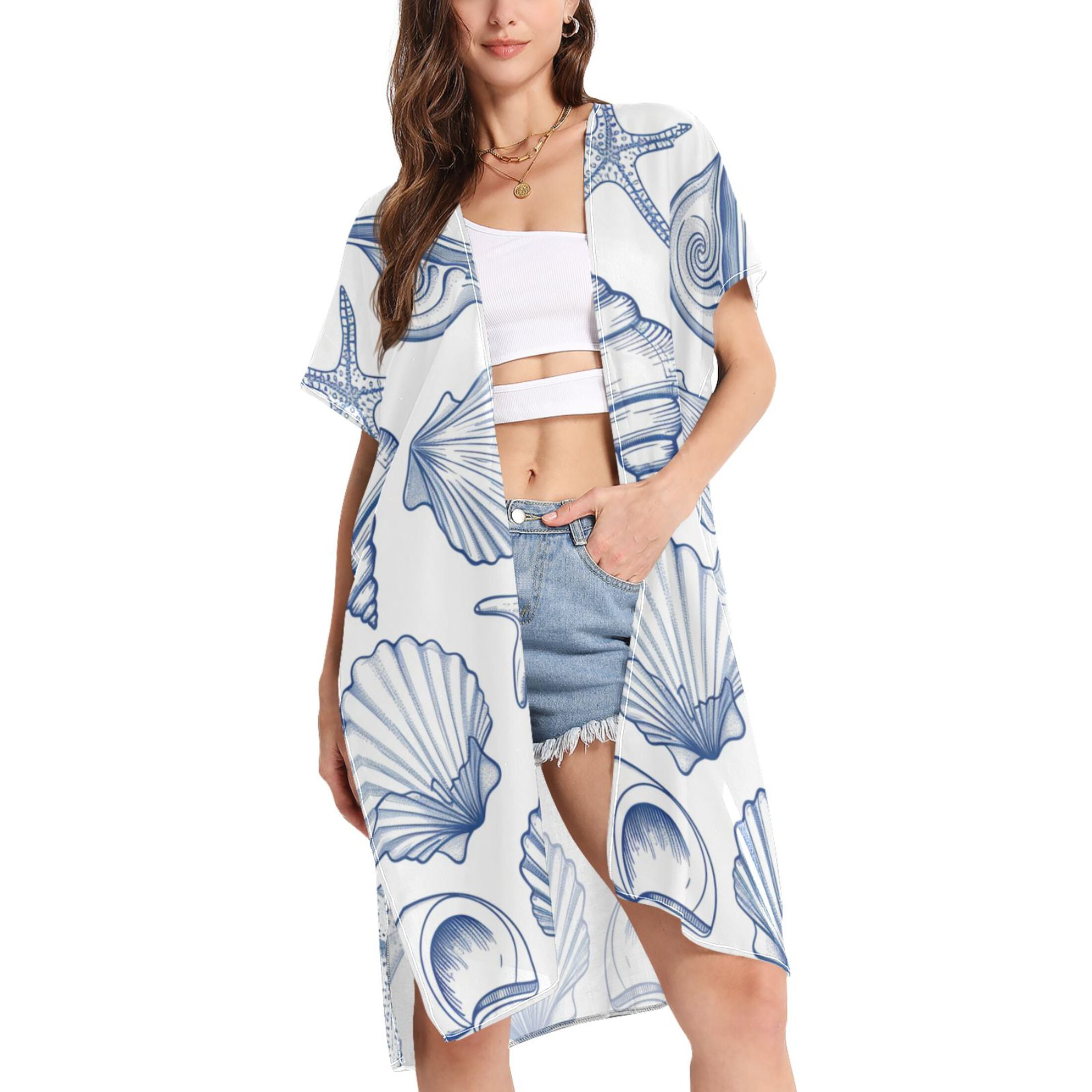 ALAZA Women's Beach Cover Up Sea Shells and Conch Kimono Swimsuit ...