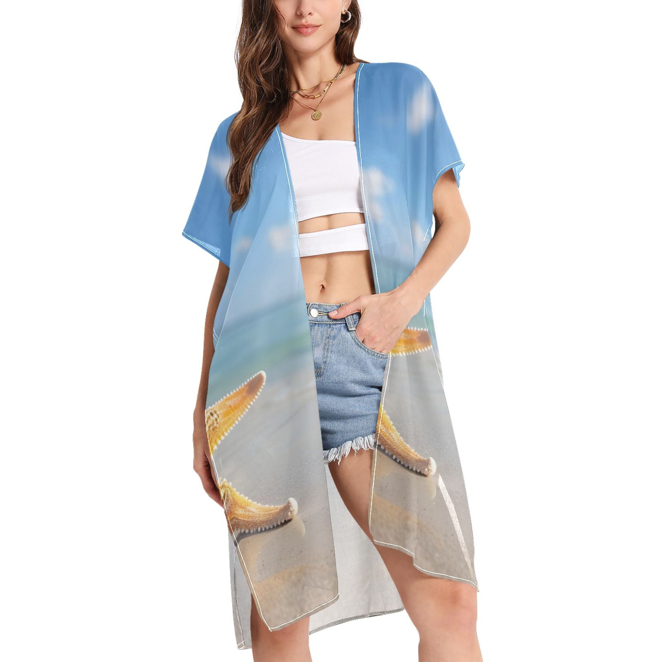 ALAZA Women's Beach Cover Up Sea Star on Summer Beach Kimono Swimsuit ...
