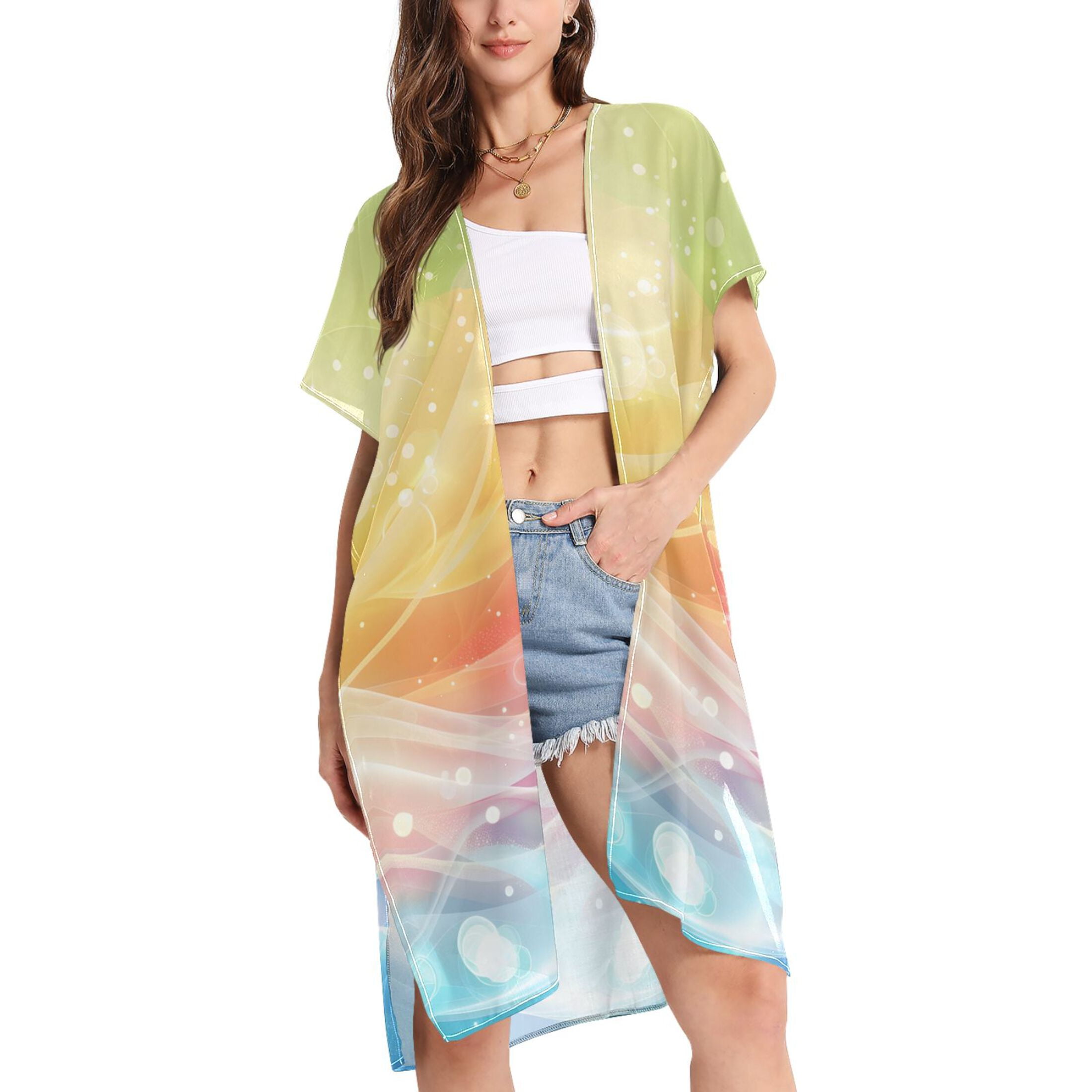 ALAZA Women's Beach Cover Up Shiny Rainbow Kimono Swimsuit Summer ...