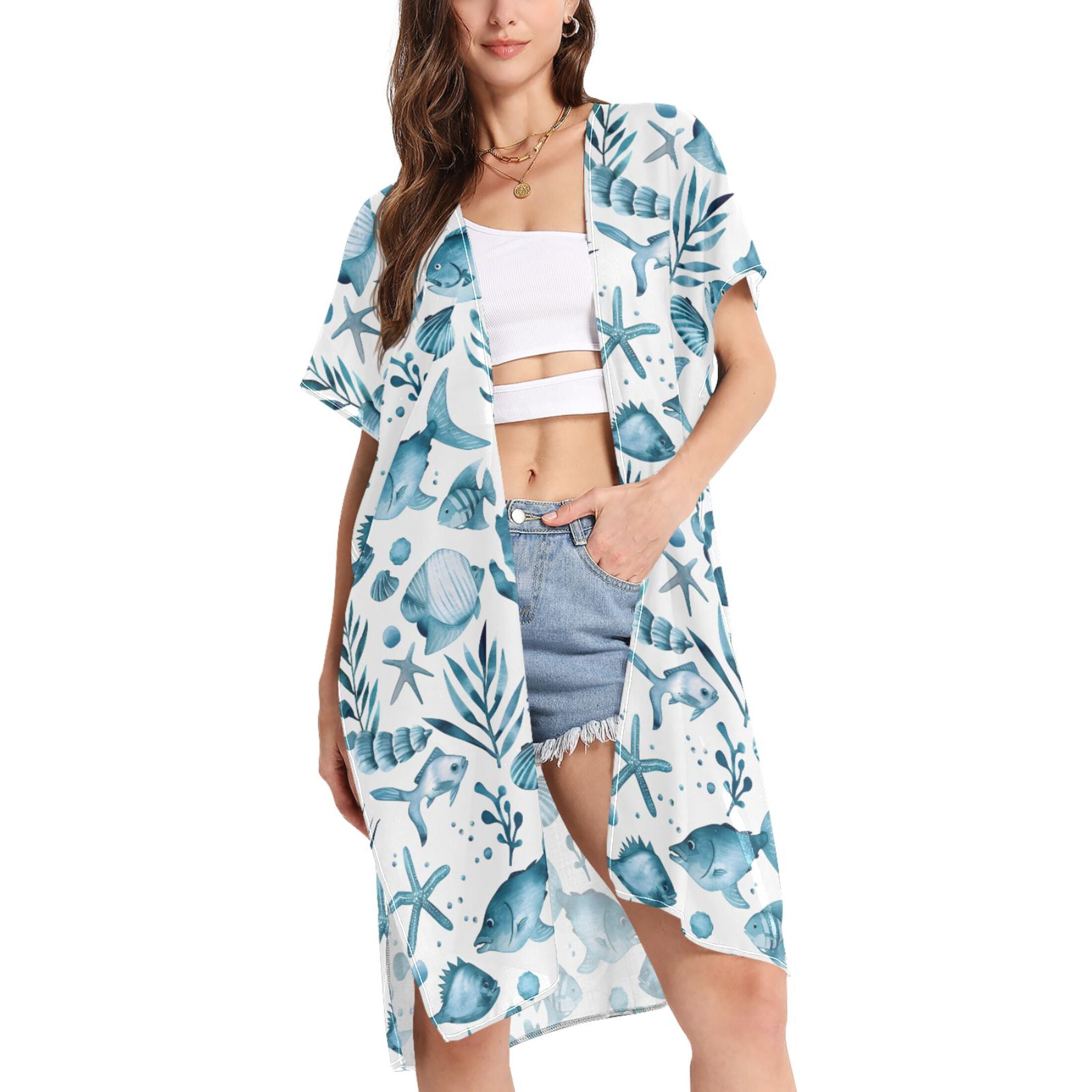 ALAZA Women's Beach Cover Up Watercolor Fish Seaweed Kimono Swimsuit ...