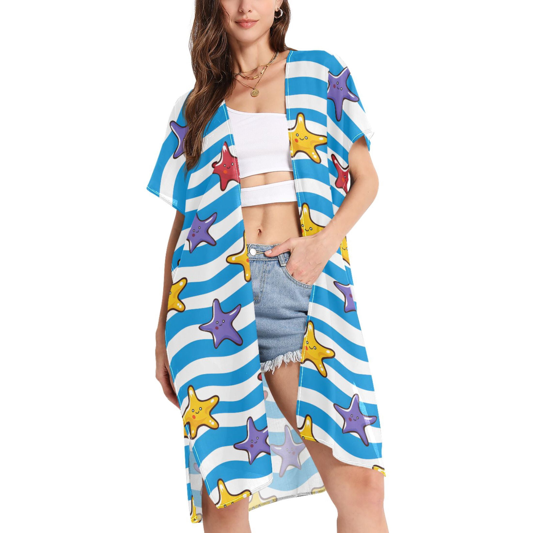 ALAZA Women's Beach Cover Up Wavy Starfishes Kimono Swimsuit Summer ...