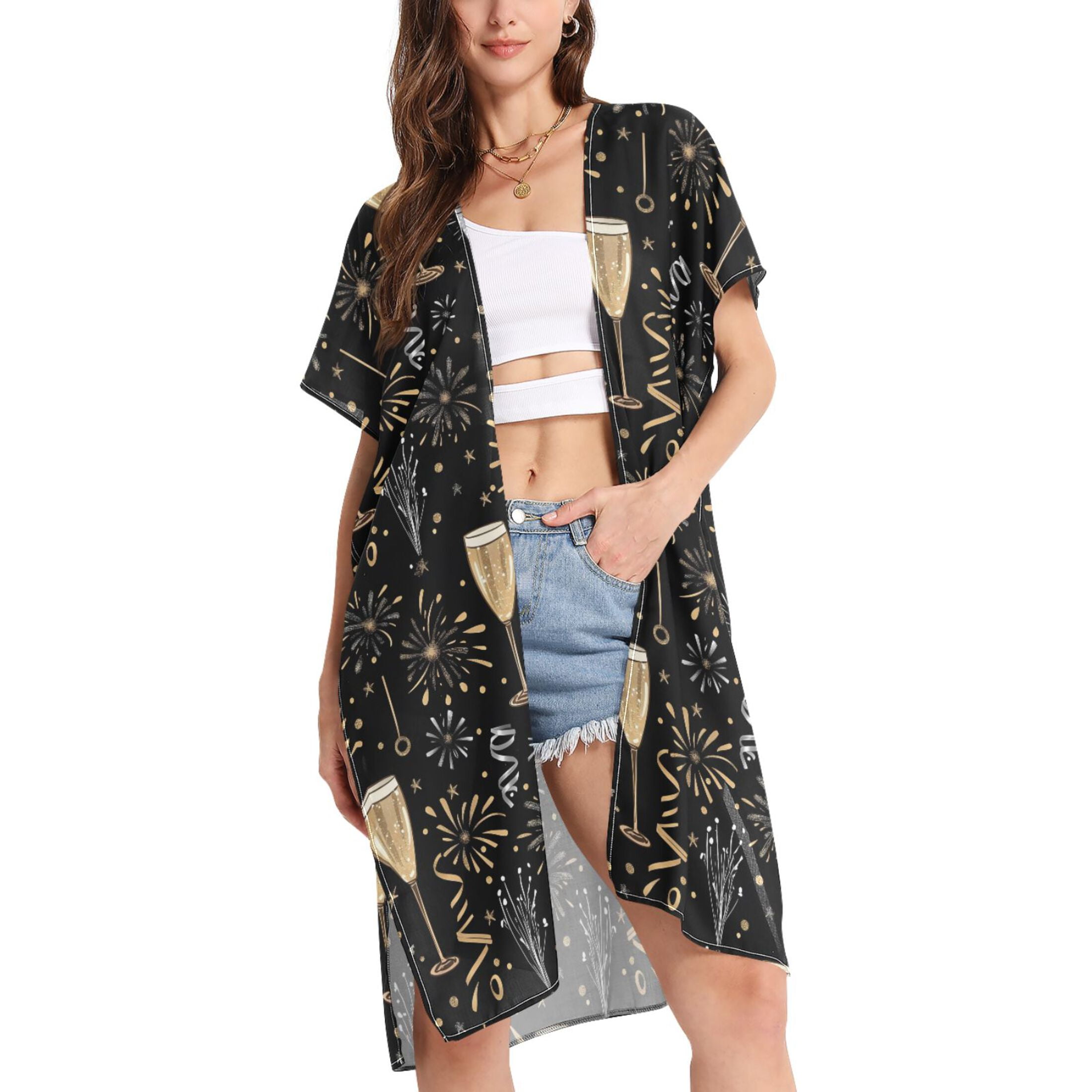 ALAZA Women's Beach Cover Up Wine Fireworks Kimono Swimsuit Summer ...