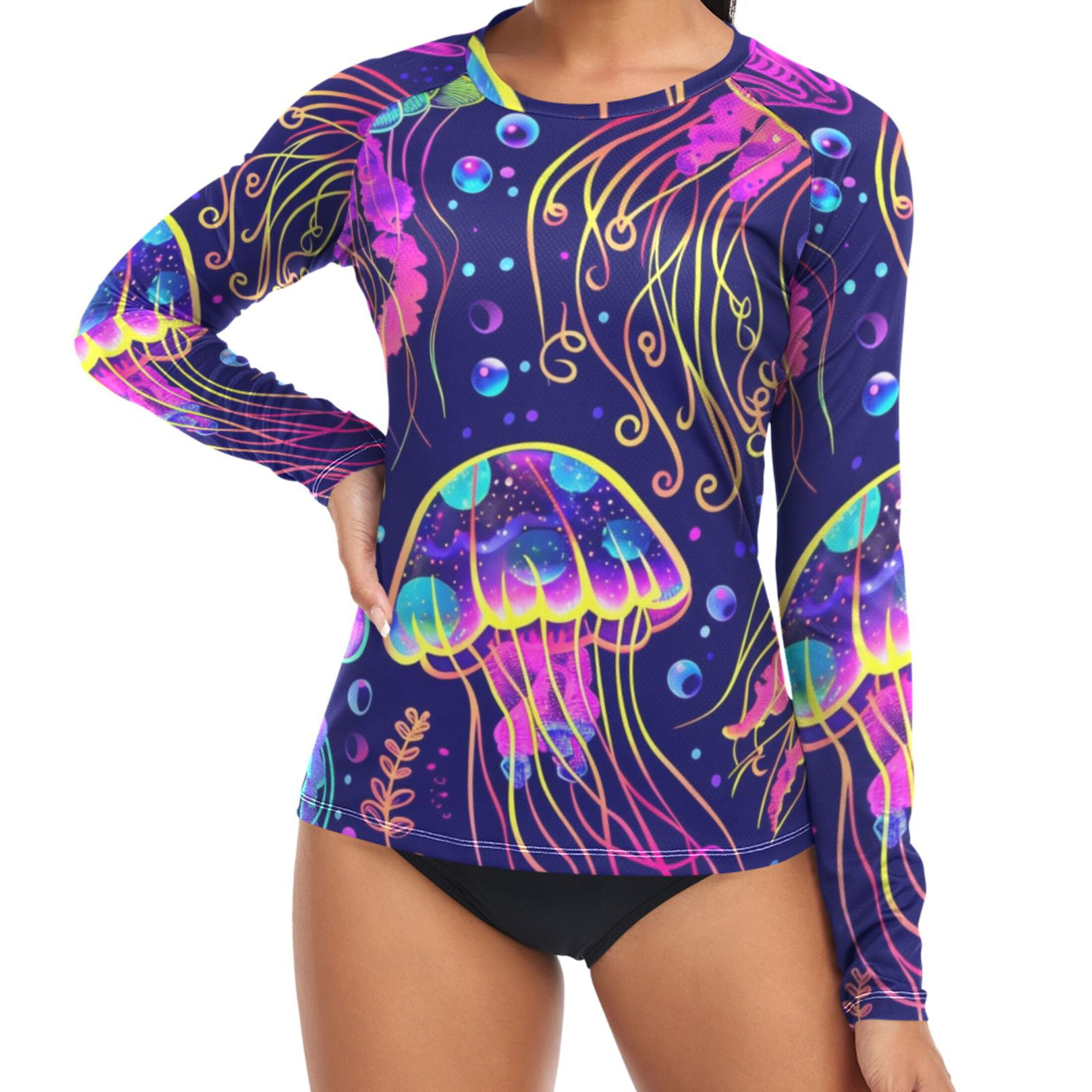 ALAZA Womens UPF 50+ Rash Guard Magic Jellyfish Ocean Long Sleeve UV Protection Sun Shirts Tops ...