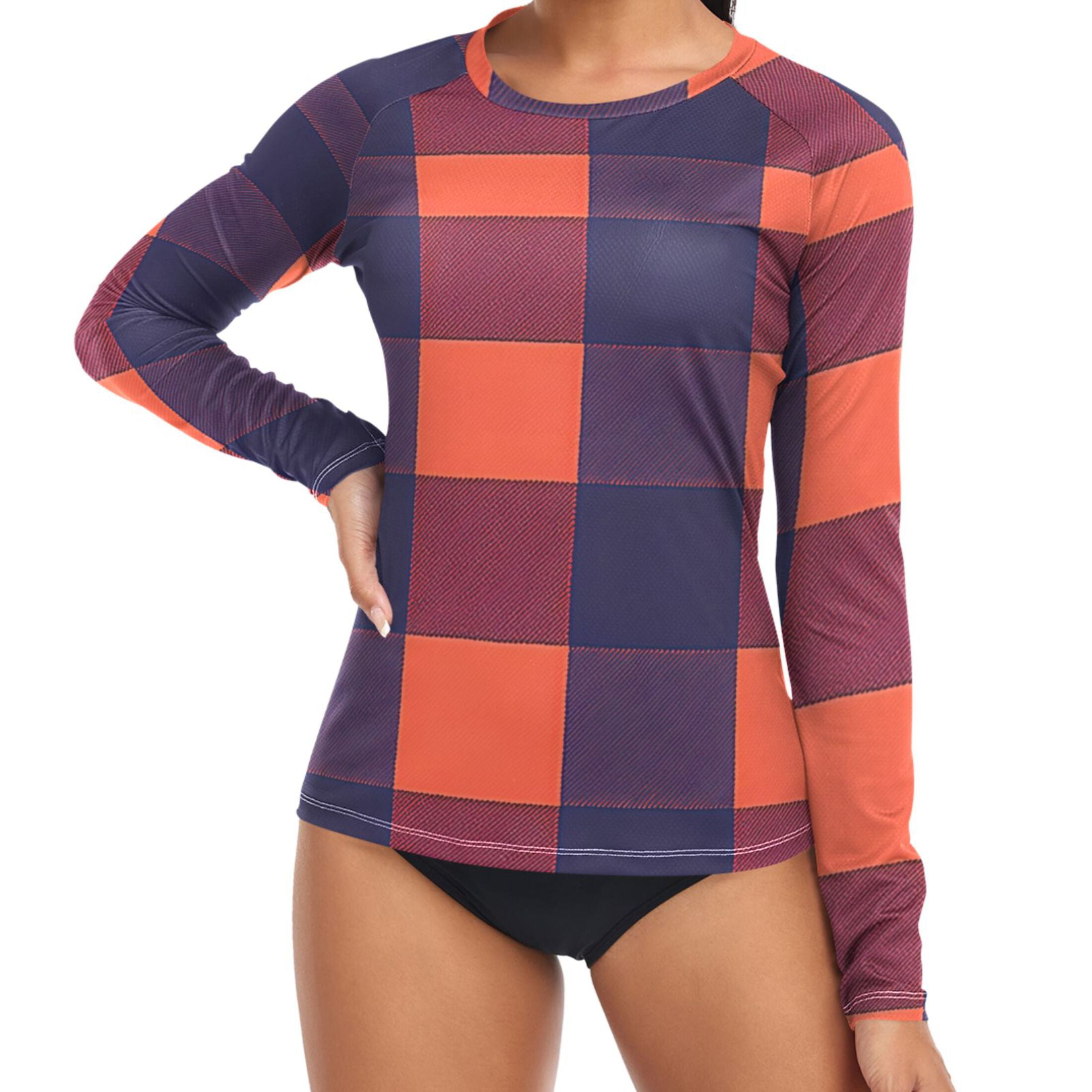 ALAZA Womens UPF 50+ Rash Guard Orange Checkered Long Sleeve UV Protection Sun Shirts Tops L ...