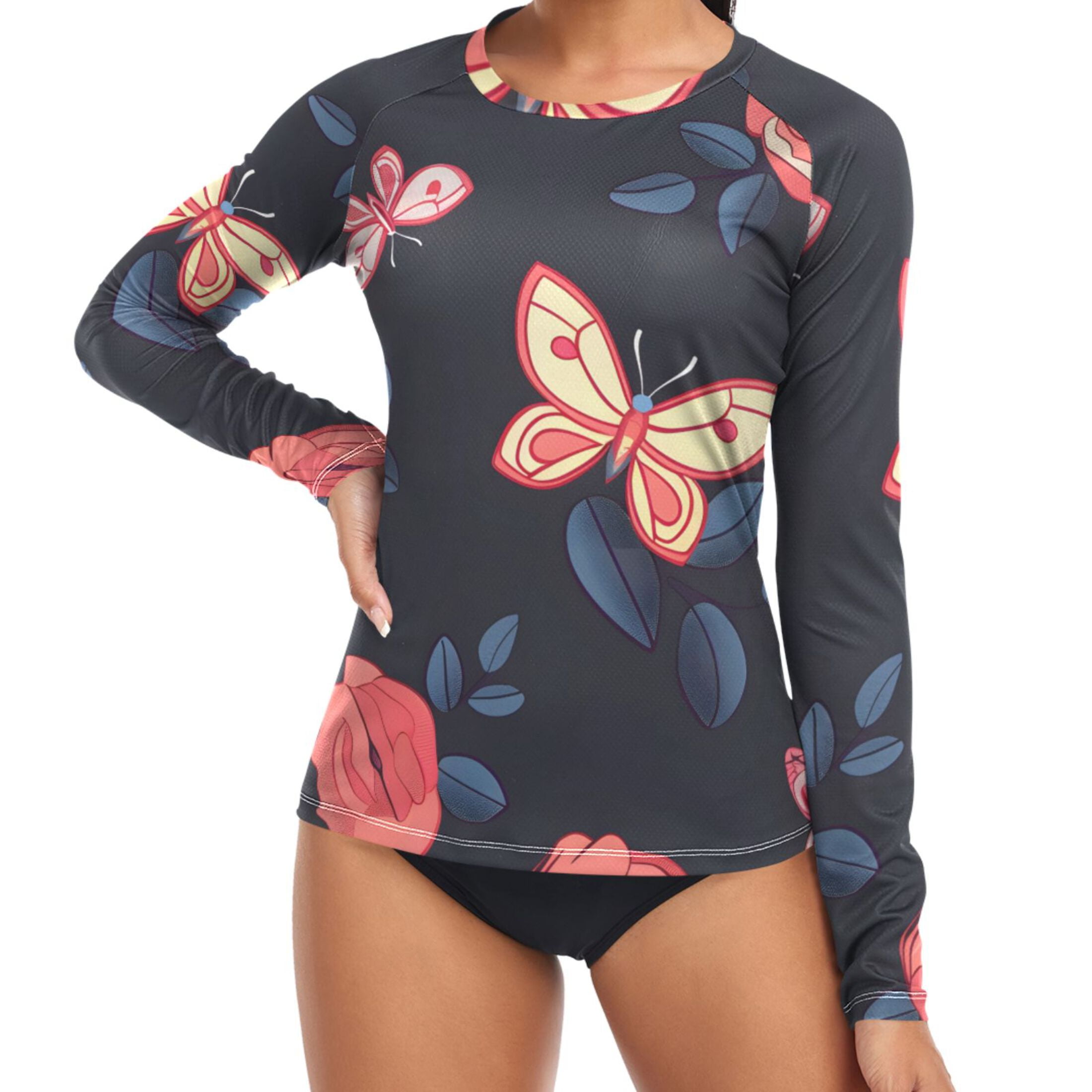 ALAZA Womens UPF 50+ Rash Guard Roses Floral and Butterfly Long Sleeve UV Protection Sun Shirts ...