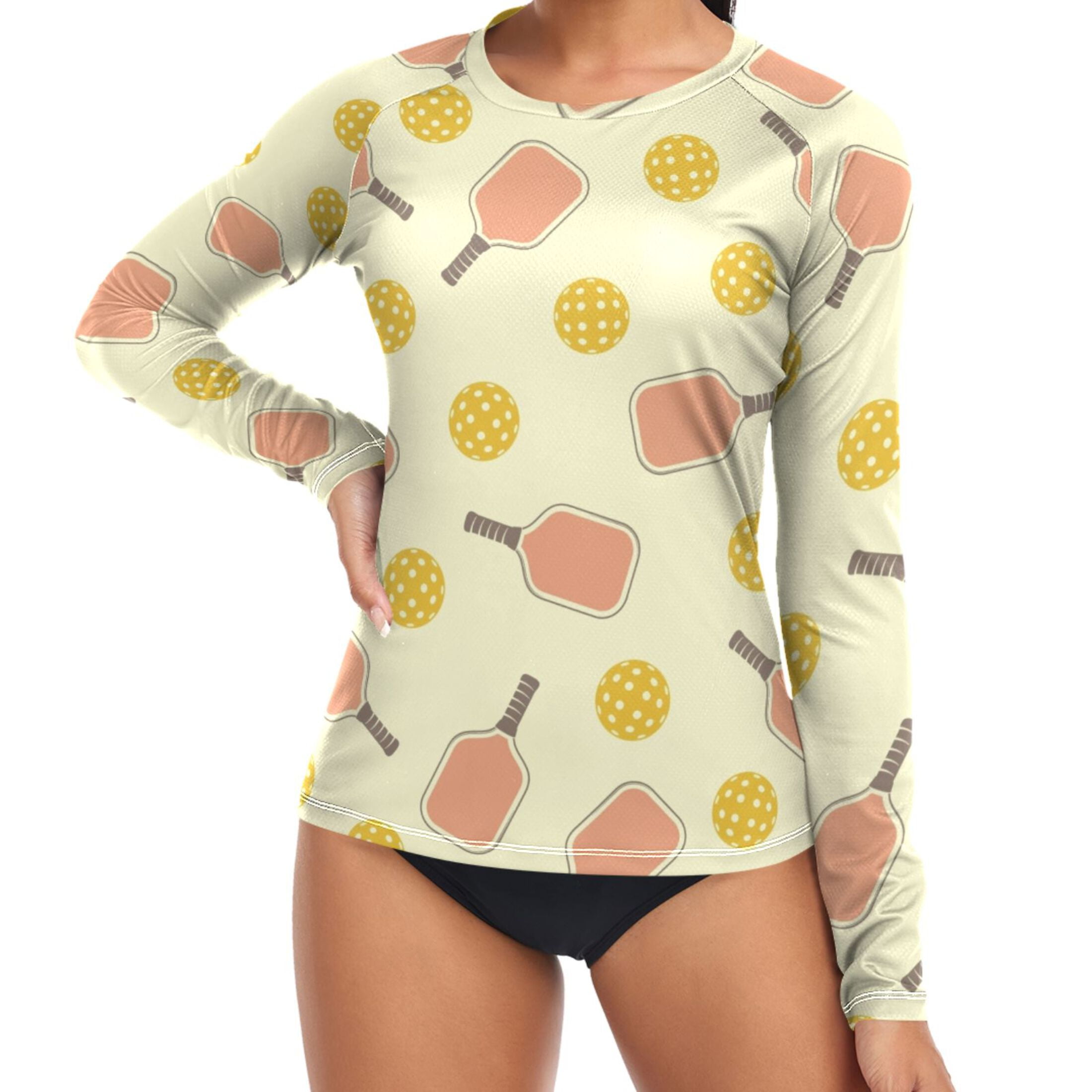 ALAZA Womens UPF 50+ Rash Guard Yellow Pickleball Balls Long Sleeve UV Protection Sun Shirts ...