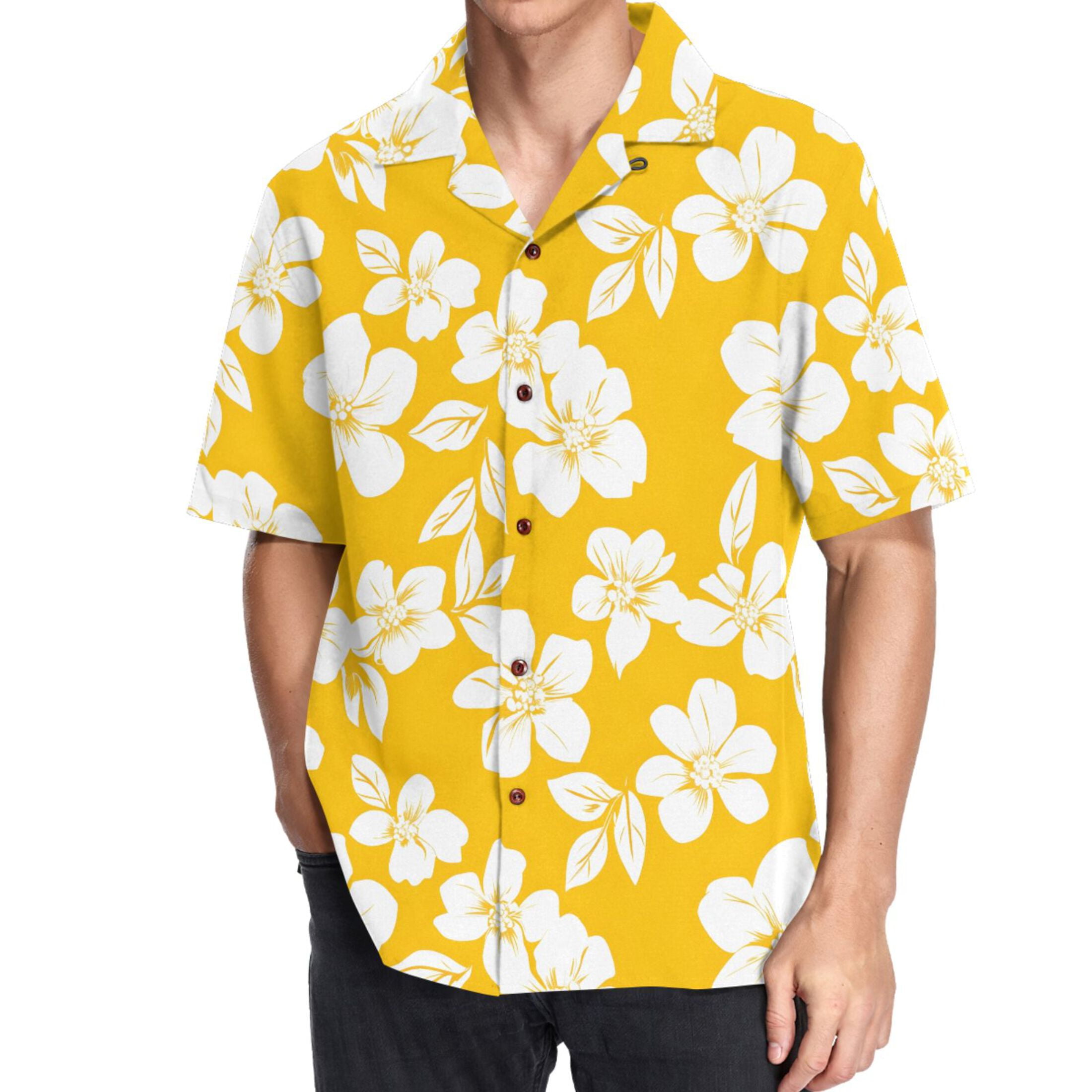 ALAZA Yellow Flower Men's Hawaiian Shirt Short Sleeve Casual Button ...