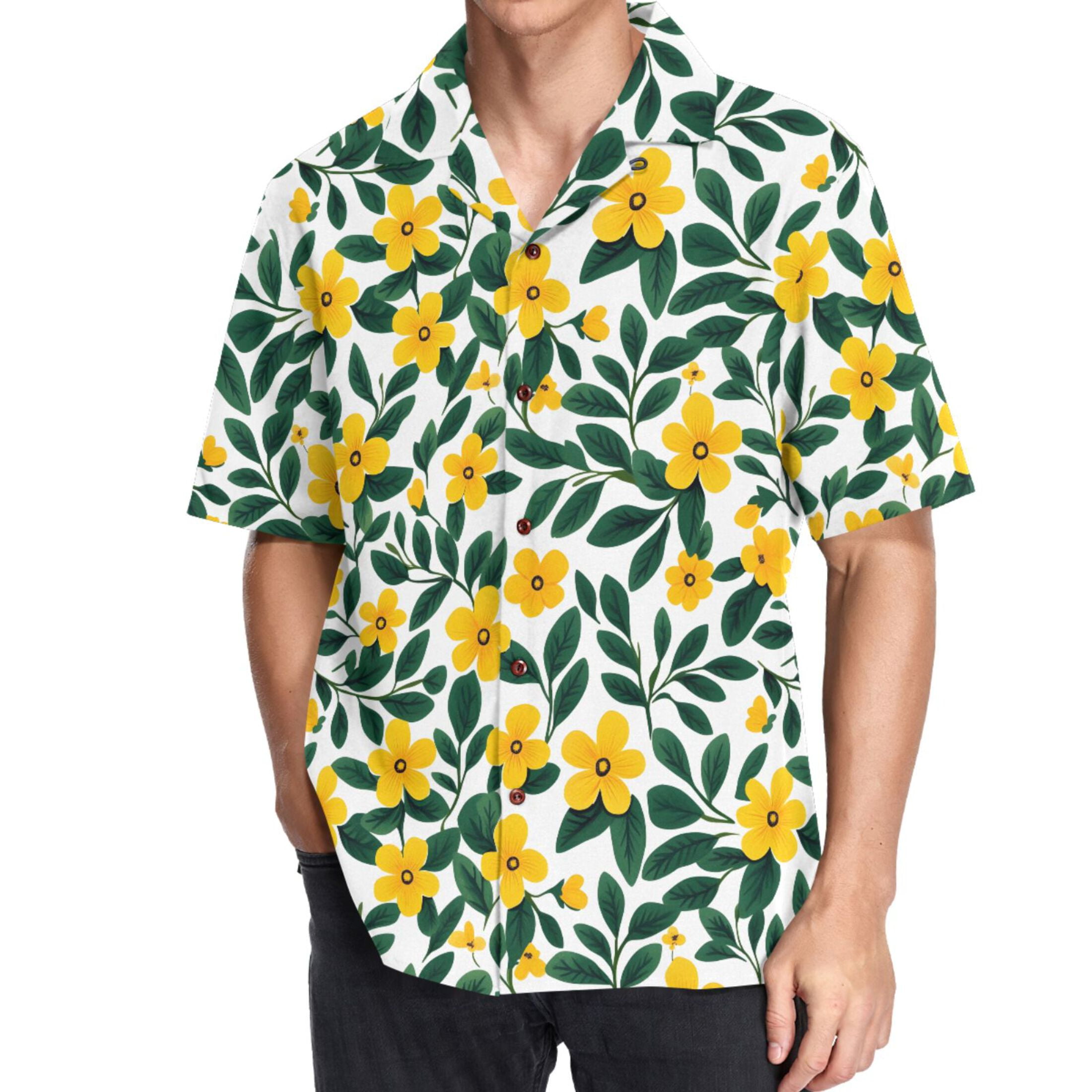 ALAZA Yellow Flowers Leaves Men's Hawaiian Shirt Short Sleeve Casual ...