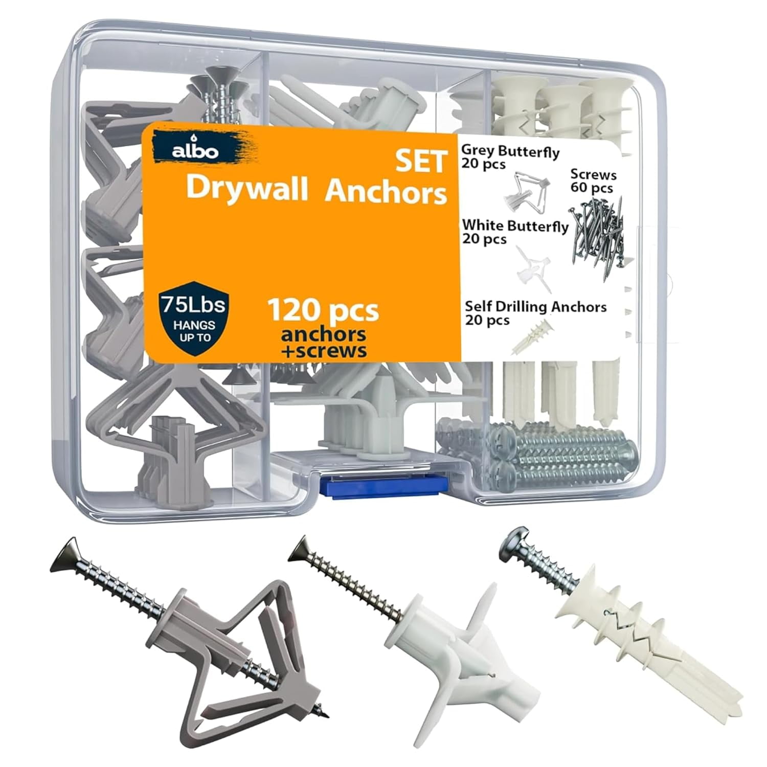 ALBO 120PC Drywall Anchor & Screw Kit 3-in-1 Hollow Wall 1/4" Max UV ...