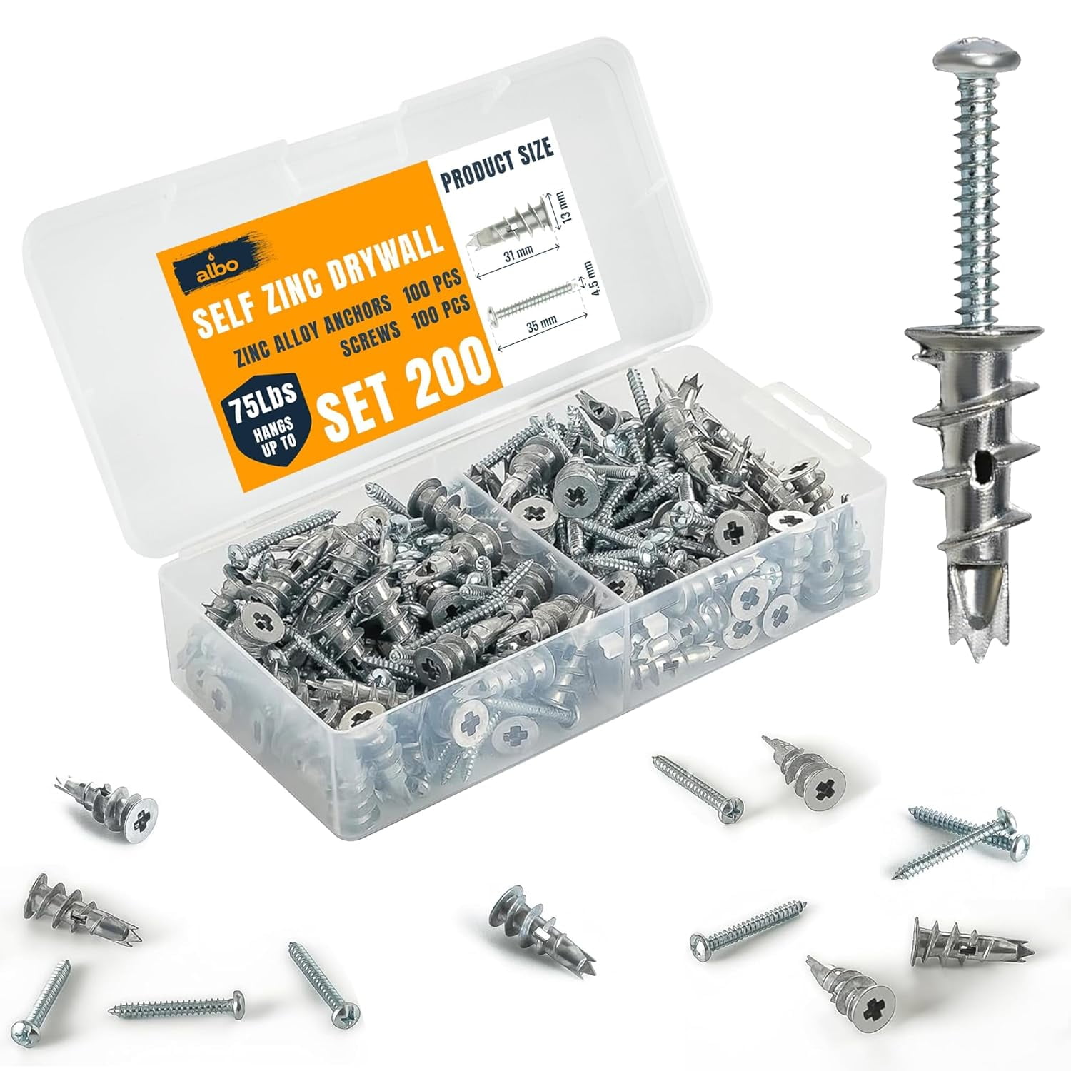 ALBO #8 Zinc Self-Drilling Drywall Anchors, 200PC Set – Includes 100 ...