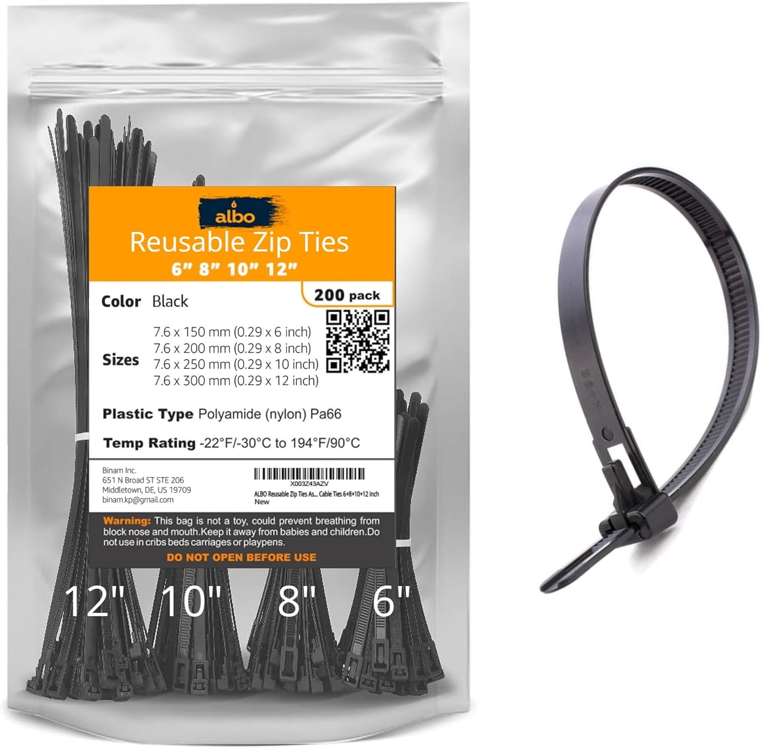 ALBO Black Reusable Zip Ties Assorted Sizes 200 Pack (6+8+10+12 Inch ...