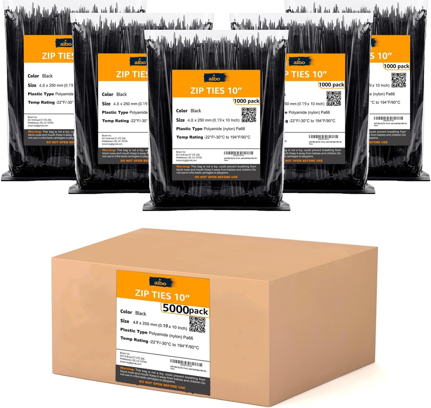 ALBO Black Zip Ties 10 Inch - 5000 Pack Heavy Duty 0.19 Inch Thick 50lb ...