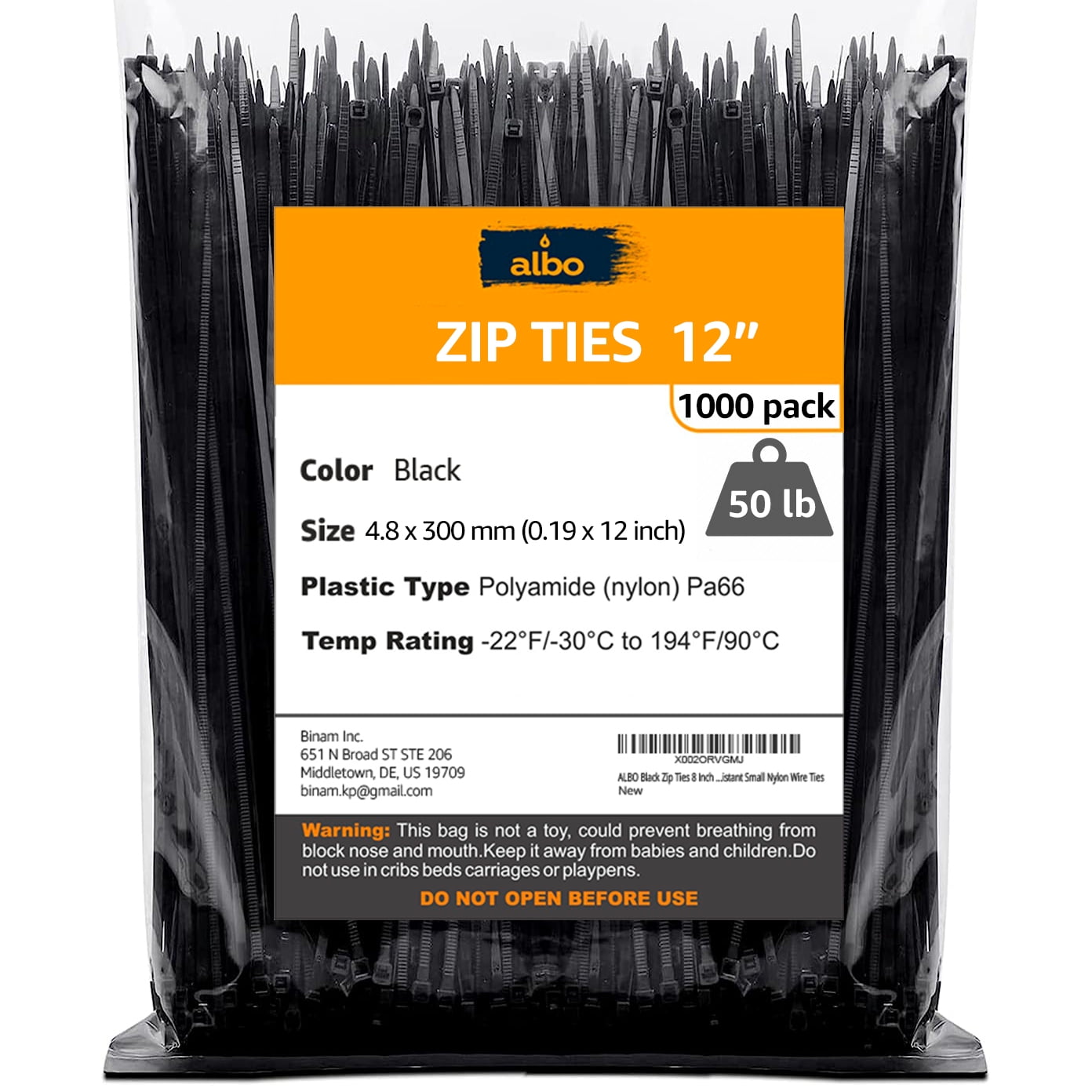 ALBO Premium Black Zip Ties 12 Inch, 1000 Pack, 50lb Heavy Duty UV ...