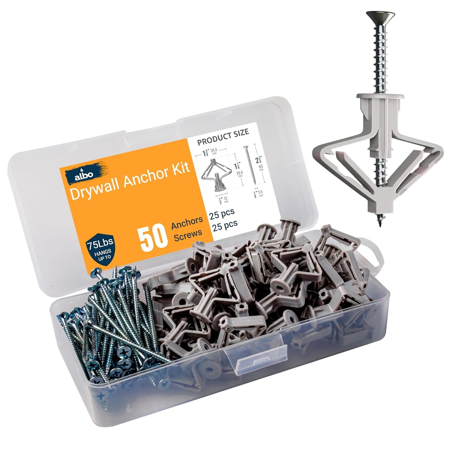 ALBO Drywall Anchor Kit Hollow Wall with Screws 50 pcs. (Grey Anchor ...