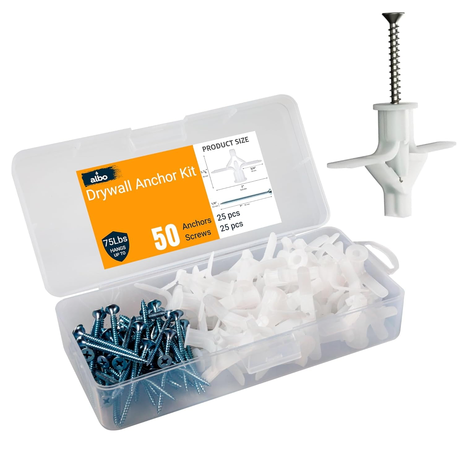 ALBO Drywall Anchor Kit Hollow Wall with Screws 50 pcs. (White Anchor ...