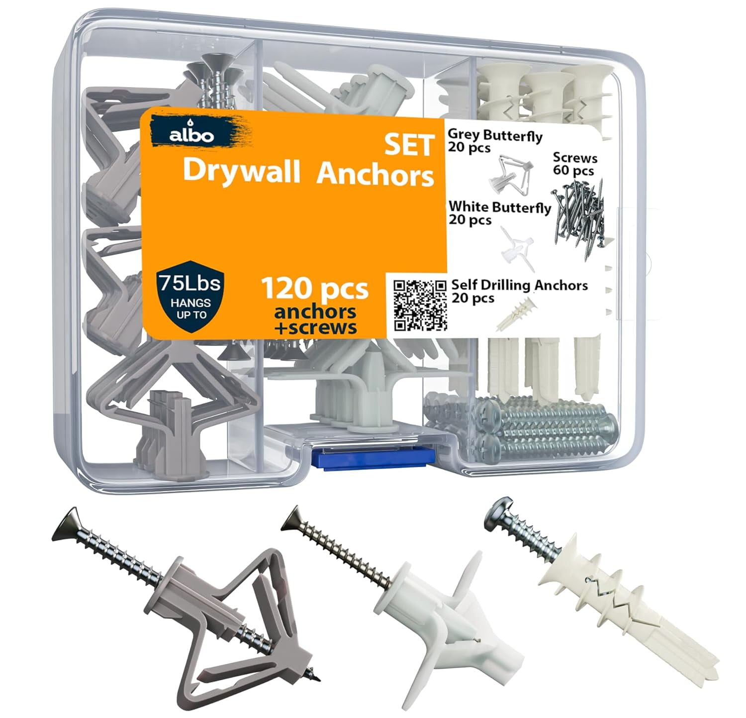ALBO Drywall Anchor Kit Hollow Wall with Screws Set 120 pcs. (Grey ...
