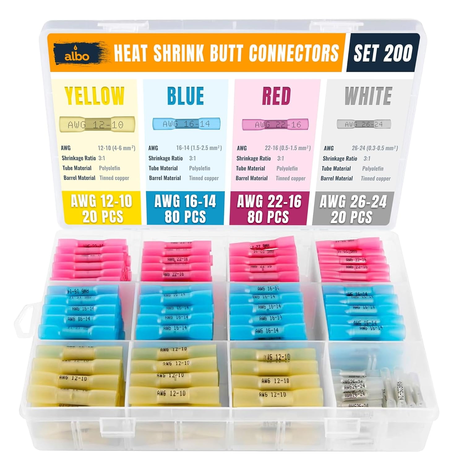 ALBO Heat Shrink Butt Wire Connector 200 Piece - Walmart.com