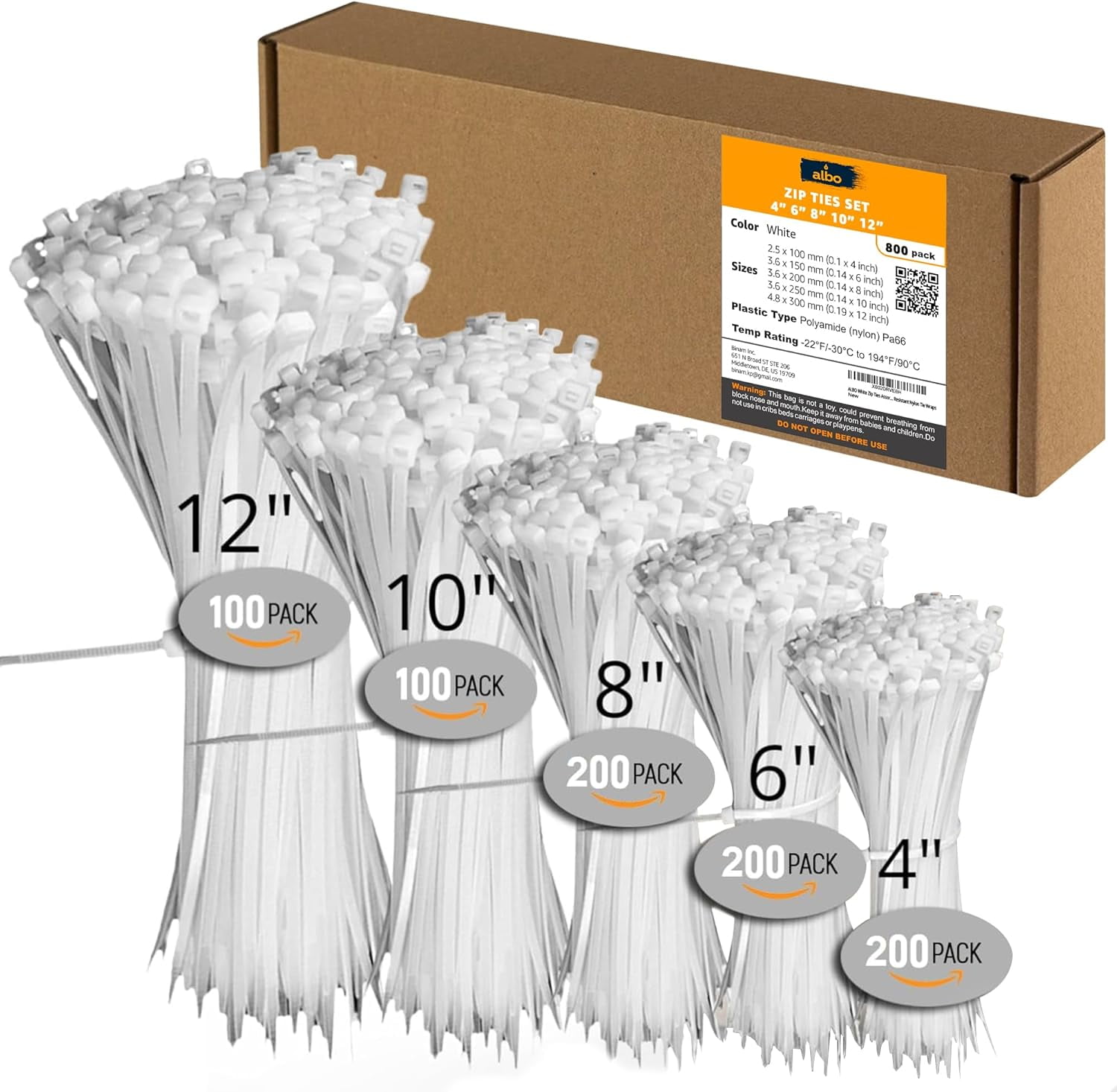 ALBO White Nylon Cable Ties, Assorted Sizes 4-12 Inch, 800 Piece Pack ...
