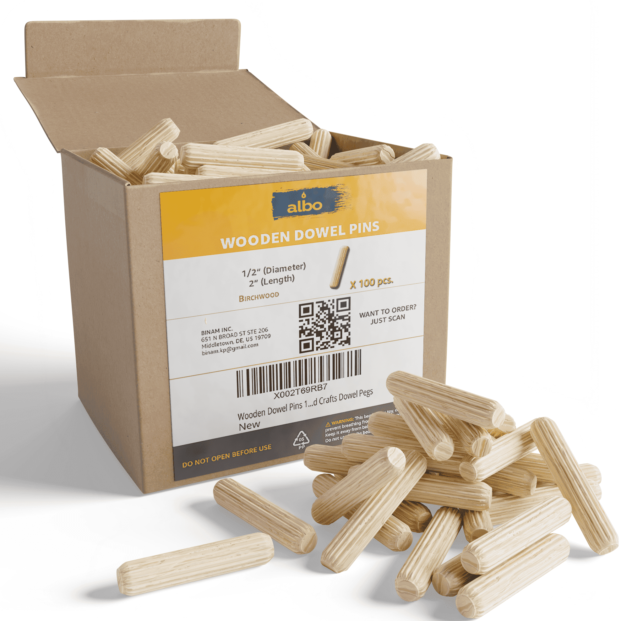 ALBO Wooden Dowel Pins 1/2 x 2 inch Fluted Wood Dowels Rods 100 Pack ...